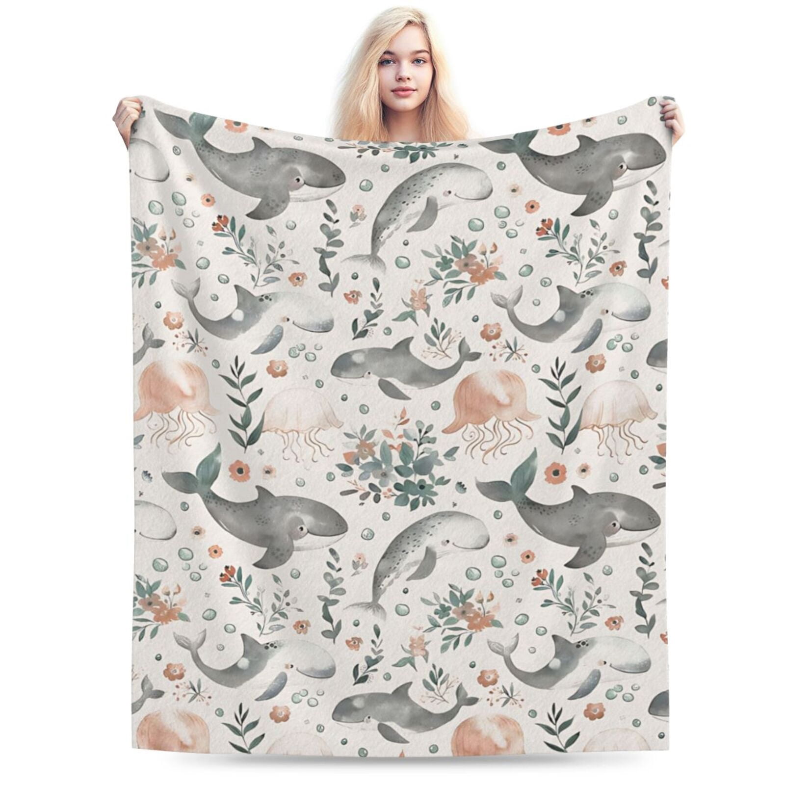 Watercolor Lightweight Flannel Throw with Cute Whales, Jellyfish, and ...