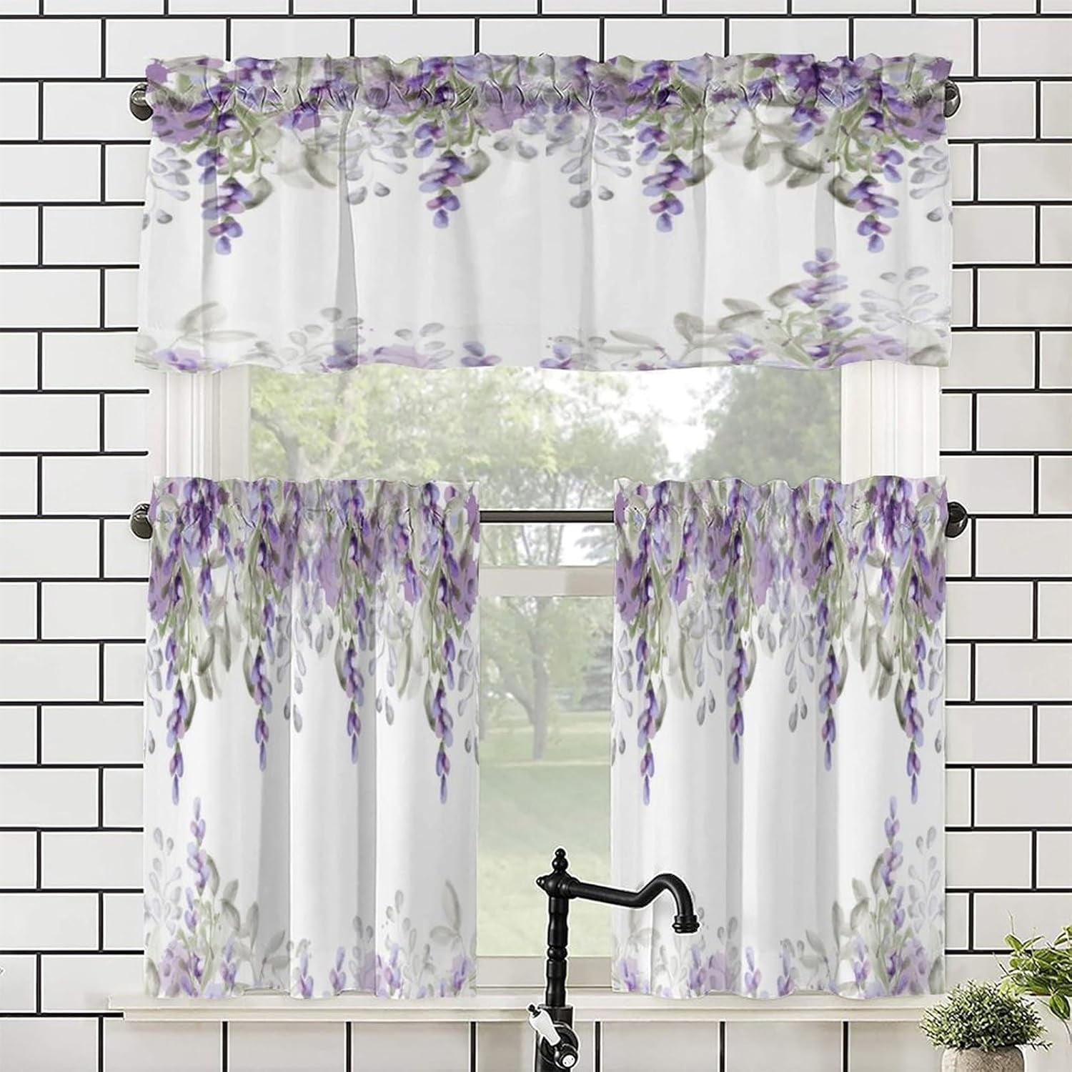 Watercolor Lilac Flower Kitchen Valances Tier Curtains,Rustic Farmhouse ...