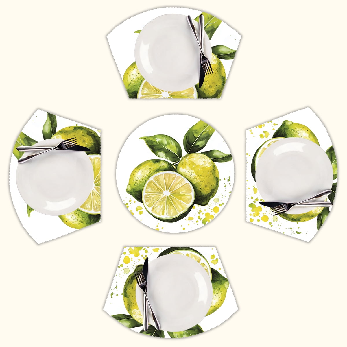Watercolor Lime Fruit Print Round Table Placemats Set Of 5 Wedge Table ...