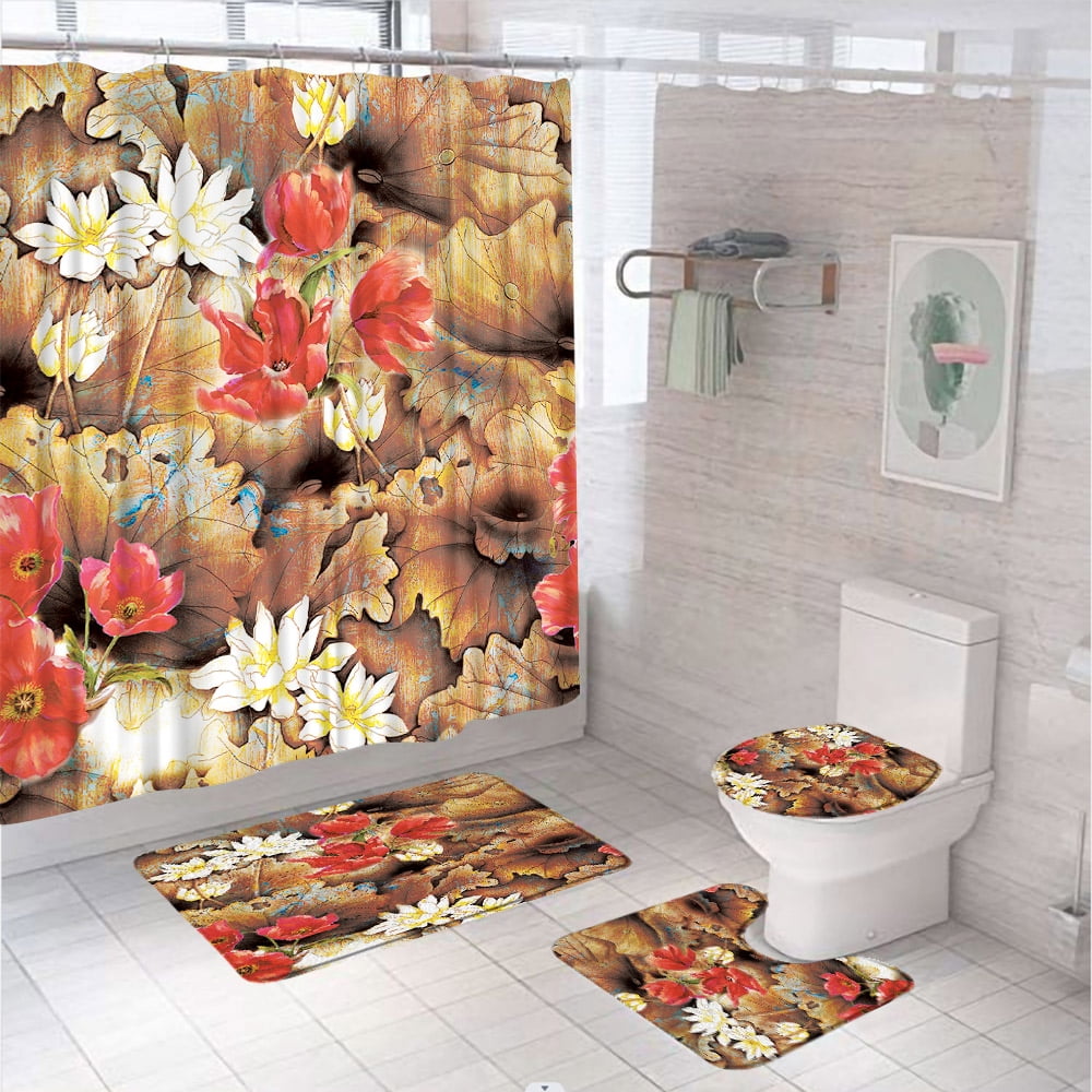 Watercolor Lotus Flower Shower Curtain Set Summer Plant Floral Water ...