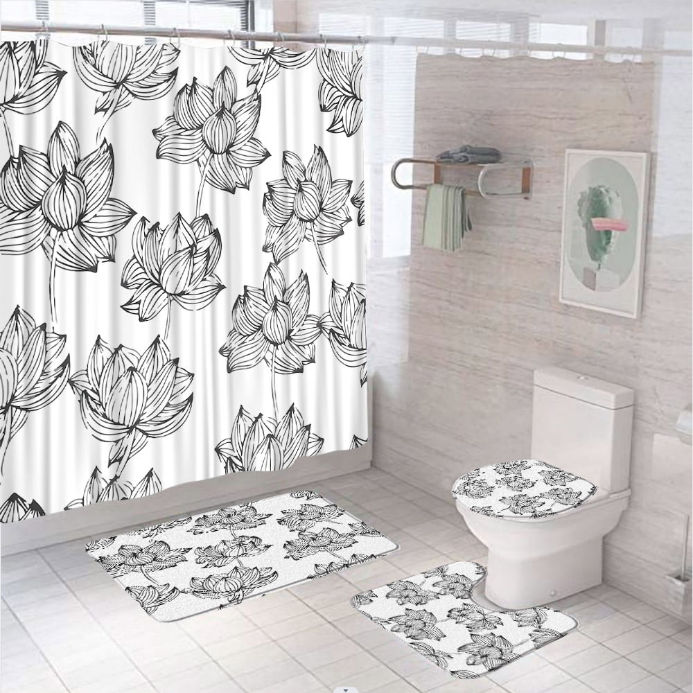 Watercolor Lotus Flower Shower Curtain Set Summer Plant Floral Water ...