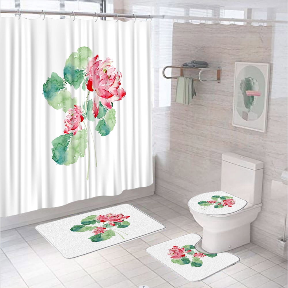 Watercolor Lotus Flower Shower Curtain Set Summer Plant Floral Water ...