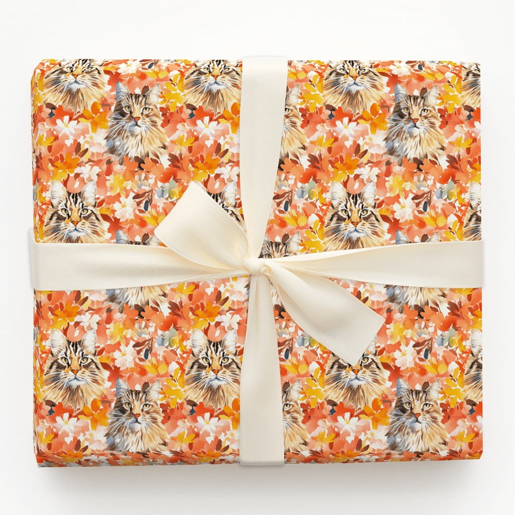 Watercolor Maine Coon Cat Autumn Leaves Gift Wrapping Paper - Walmart.com