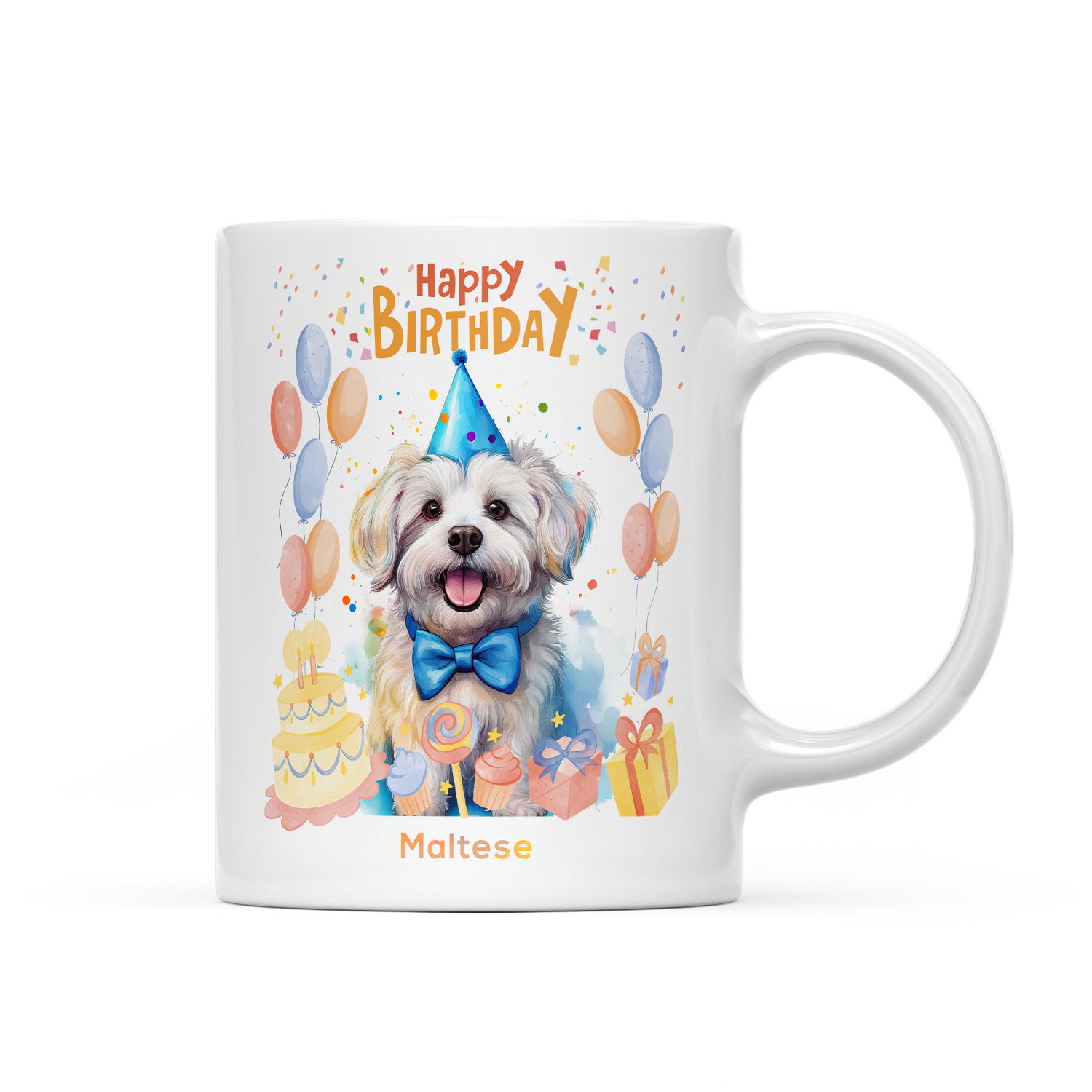 Watercolor Maltese Happy Birthday Celebration Balloons Gift Party Mug ...