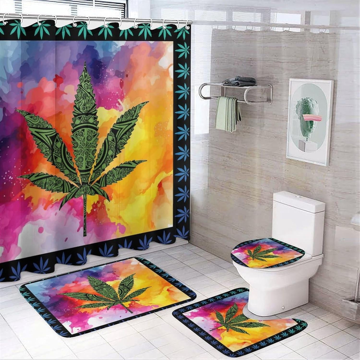 Watercolor Mandala Marijuana Leaf Weed 4 Pcs Waterproof Shower Curtain ...