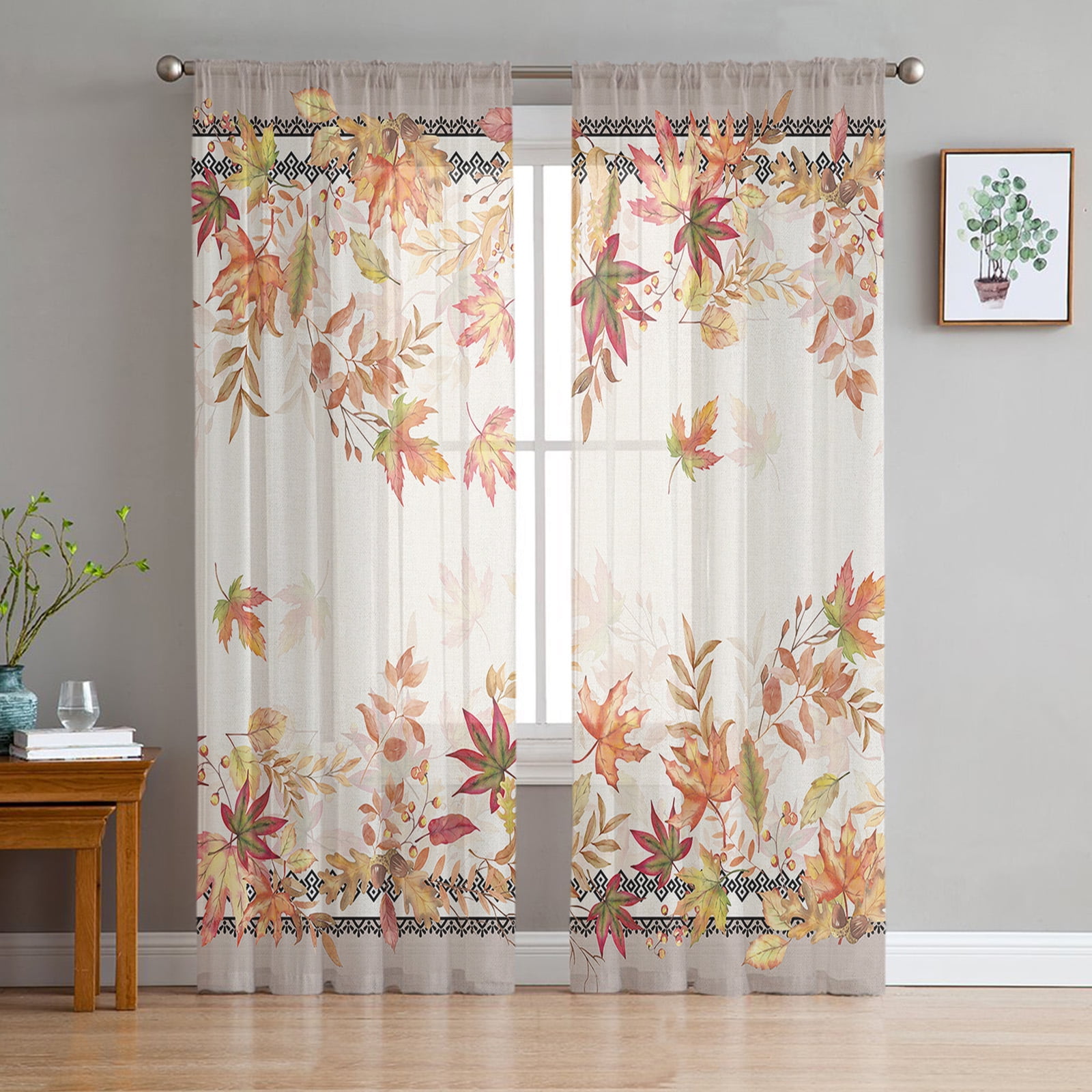 Watercolor Maple Leaf Vintage Texture TextureTulle Curtains ration ...
