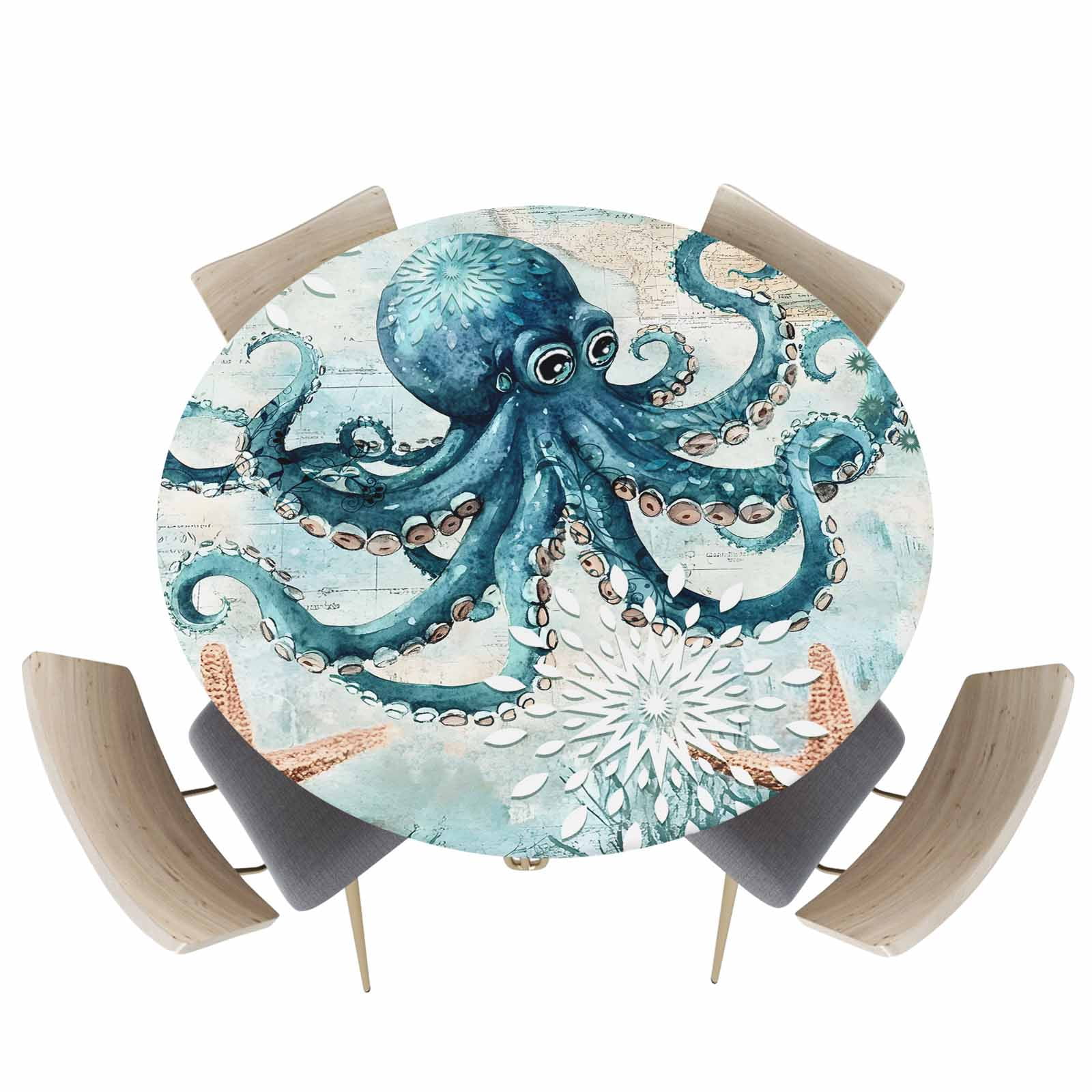 Watercolor Marine Huge Octopus Fitted Round Tablecloths Elastic Edged ...
