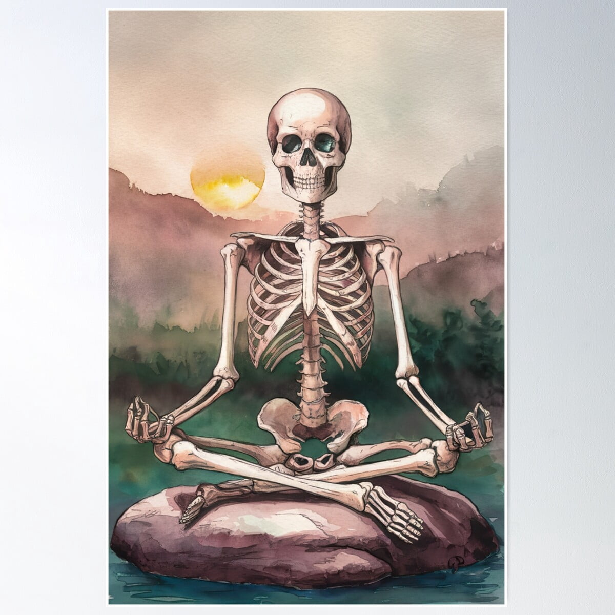 Watercolor Meditating Skeleton Poster Wall Art, Modern Wall Decor For ...