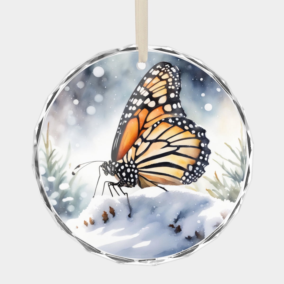 Watercolor Monarch Butterfly in Winter Snow on a Branch, Butterflies ...