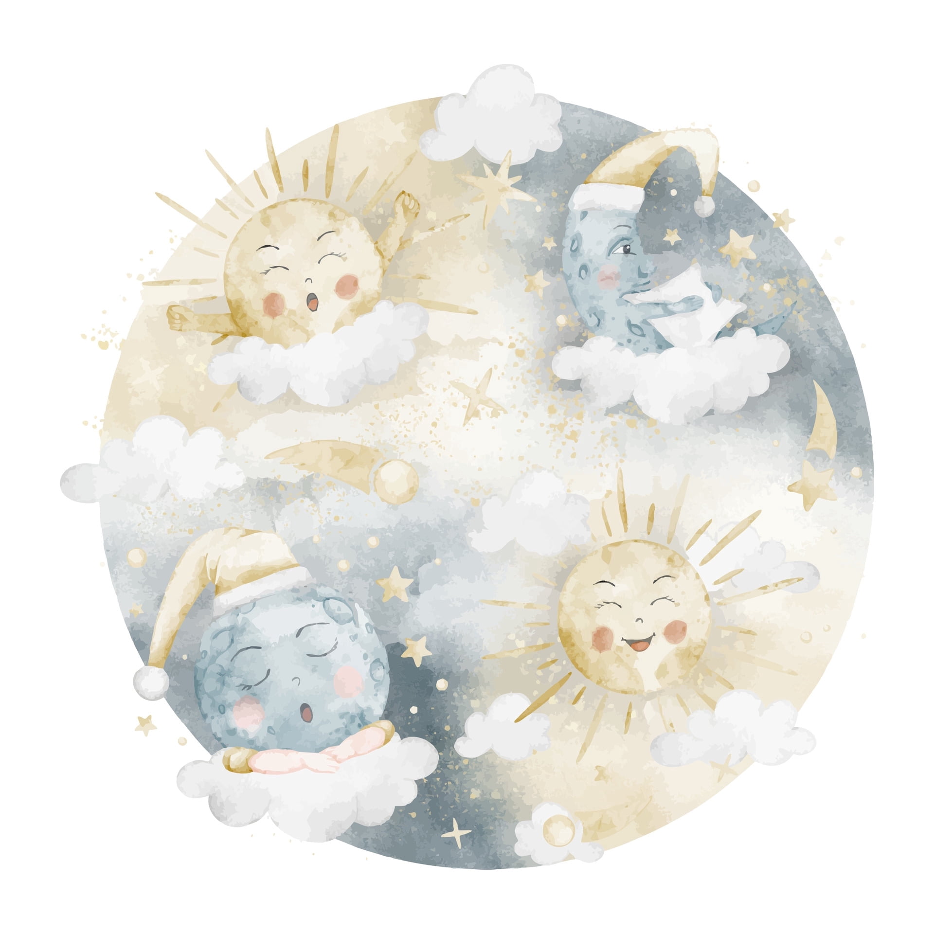 Watercolor Moon Yawning Sun Stars Edible Icing Cake Topper, by TNCT (3 ...