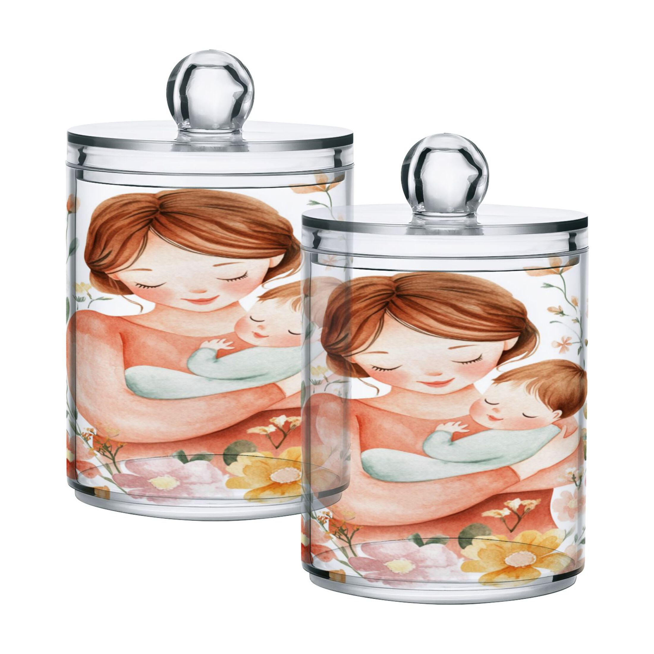 Watercolor Mother with Child Flowers Translucent Plastic Cans Storage ...