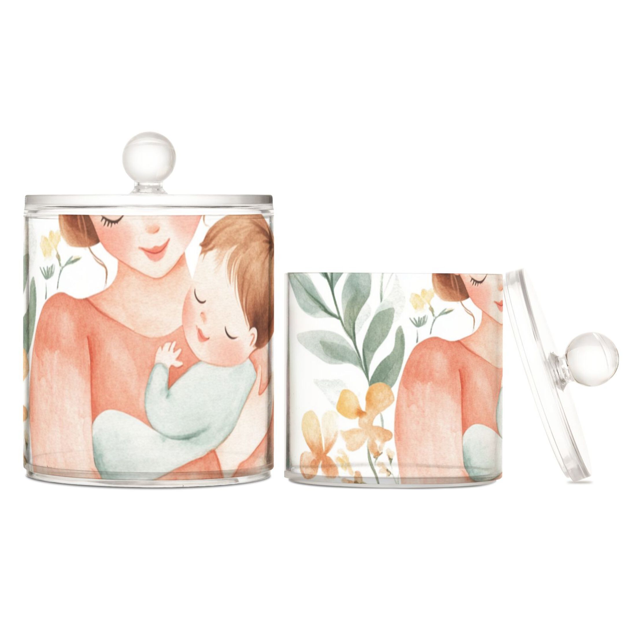 Watercolor Mother with Child Flowers Translucent Plastic Cans Storage ...