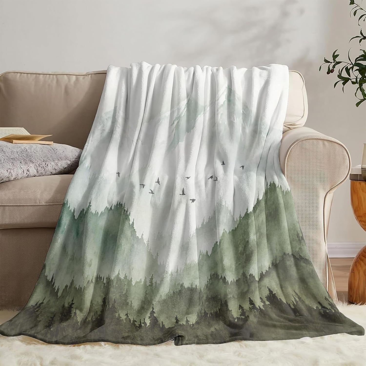 Watercolor Mountain Forest Fleece Throw Blanket, Nature Misty Foggy ...
