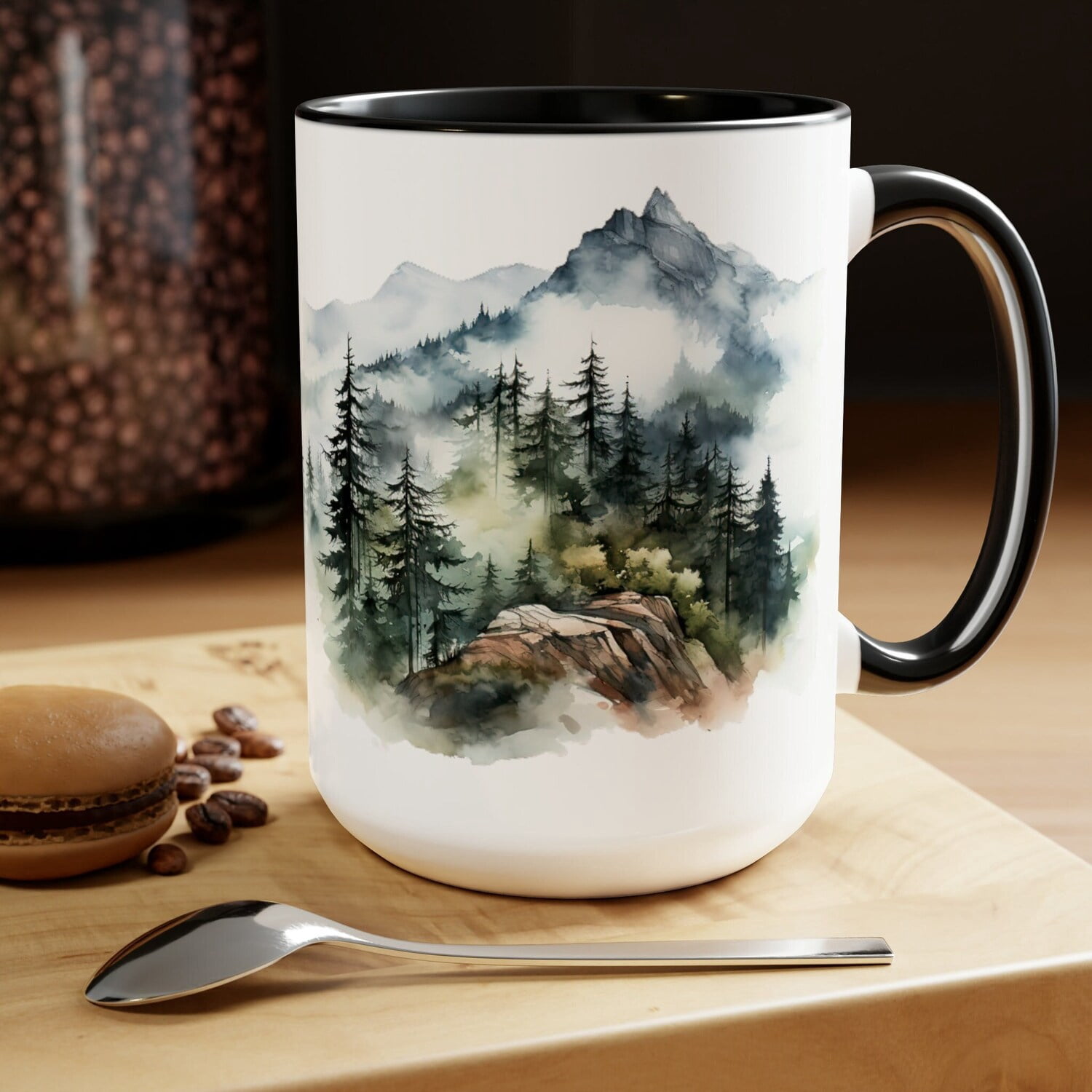 Watercolor Mountain Mug: Misty Forest Coffee Cup, Nature Gift ...