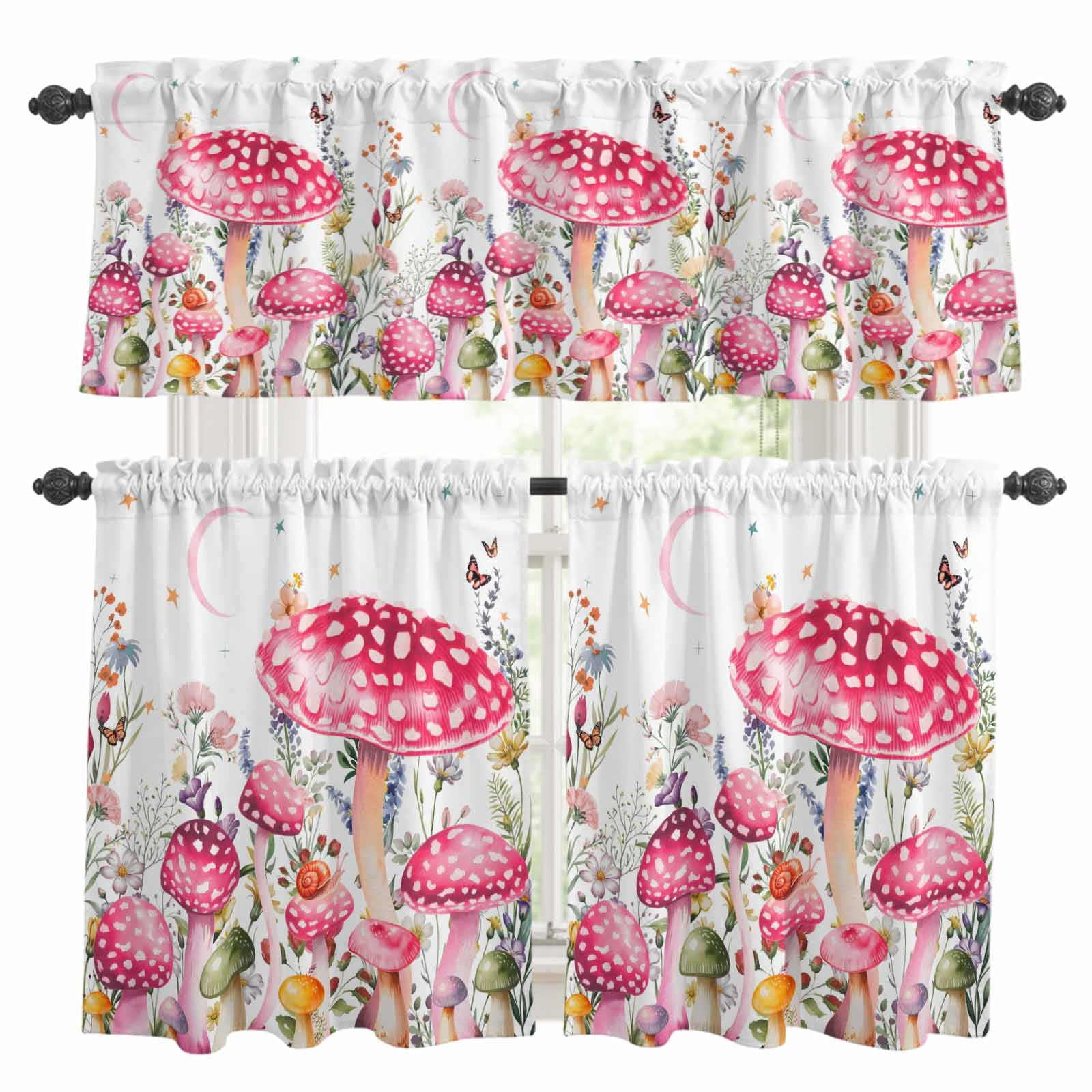 Watercolor Mushroom Curtain Valances Set Pink Flower Butterfly Ladybug ...