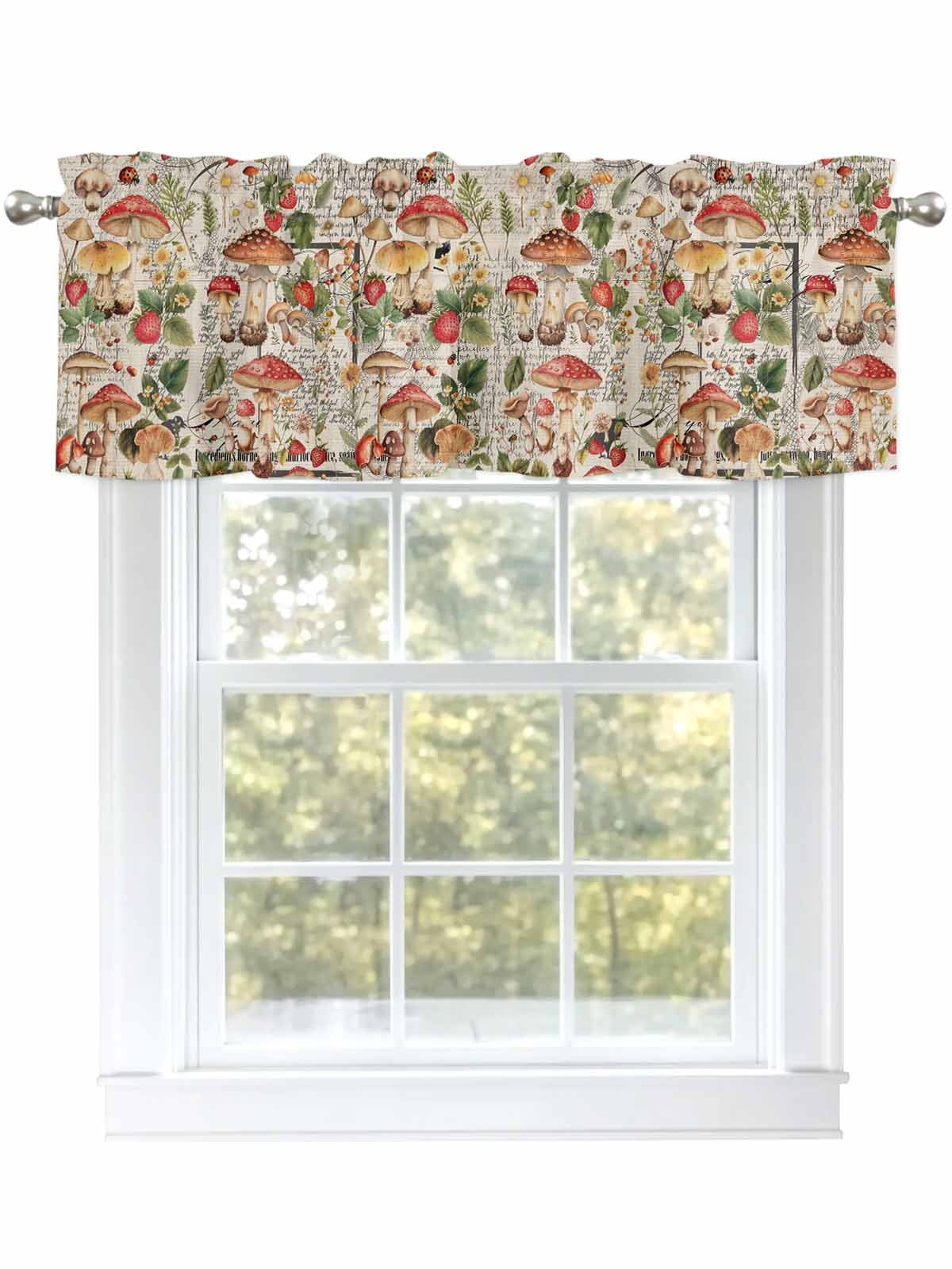 Watercolor Mushroom Plant Hand Drawn Strawberry Retro Valances Curtain ...