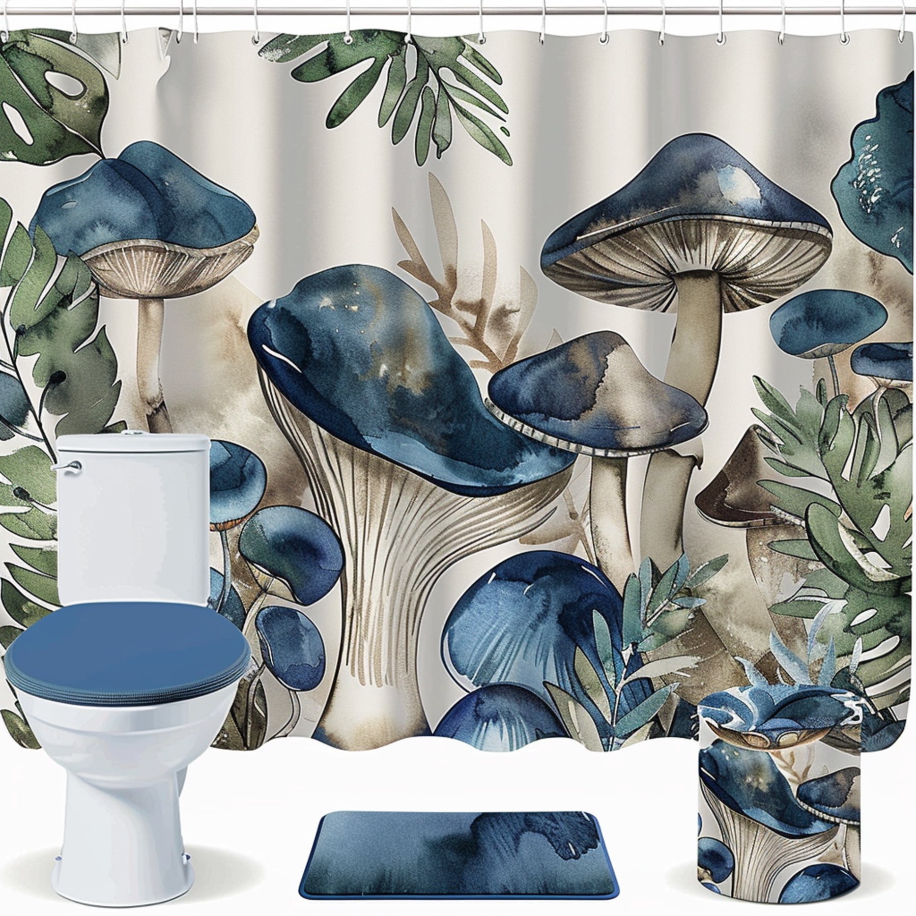 Watercolor Mushroom and Foliage Bathroom Set Blue Mushrooms White ...