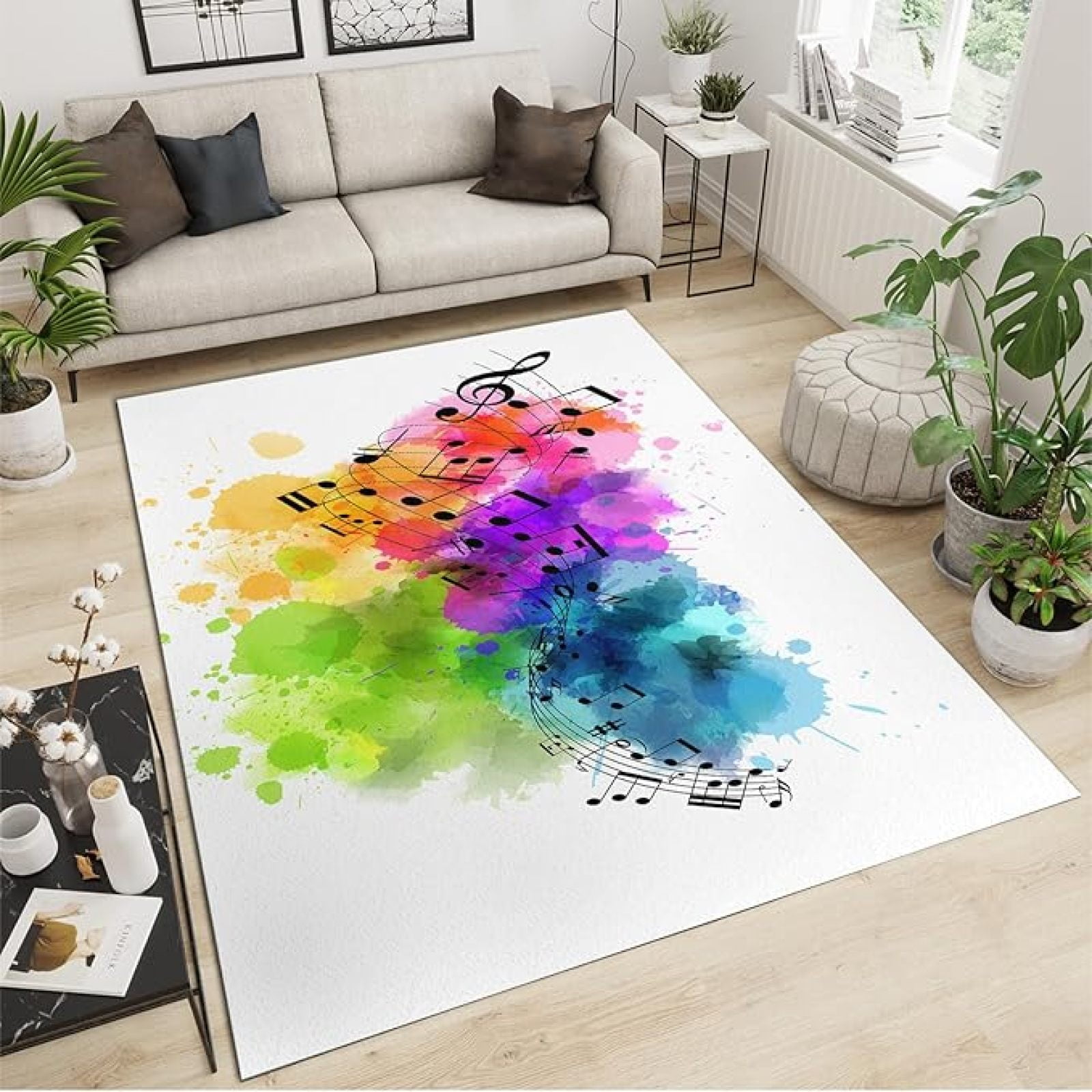 Watercolor Music Area Rug, Jumping Notes Indoor Non Slip Print Rugs ...