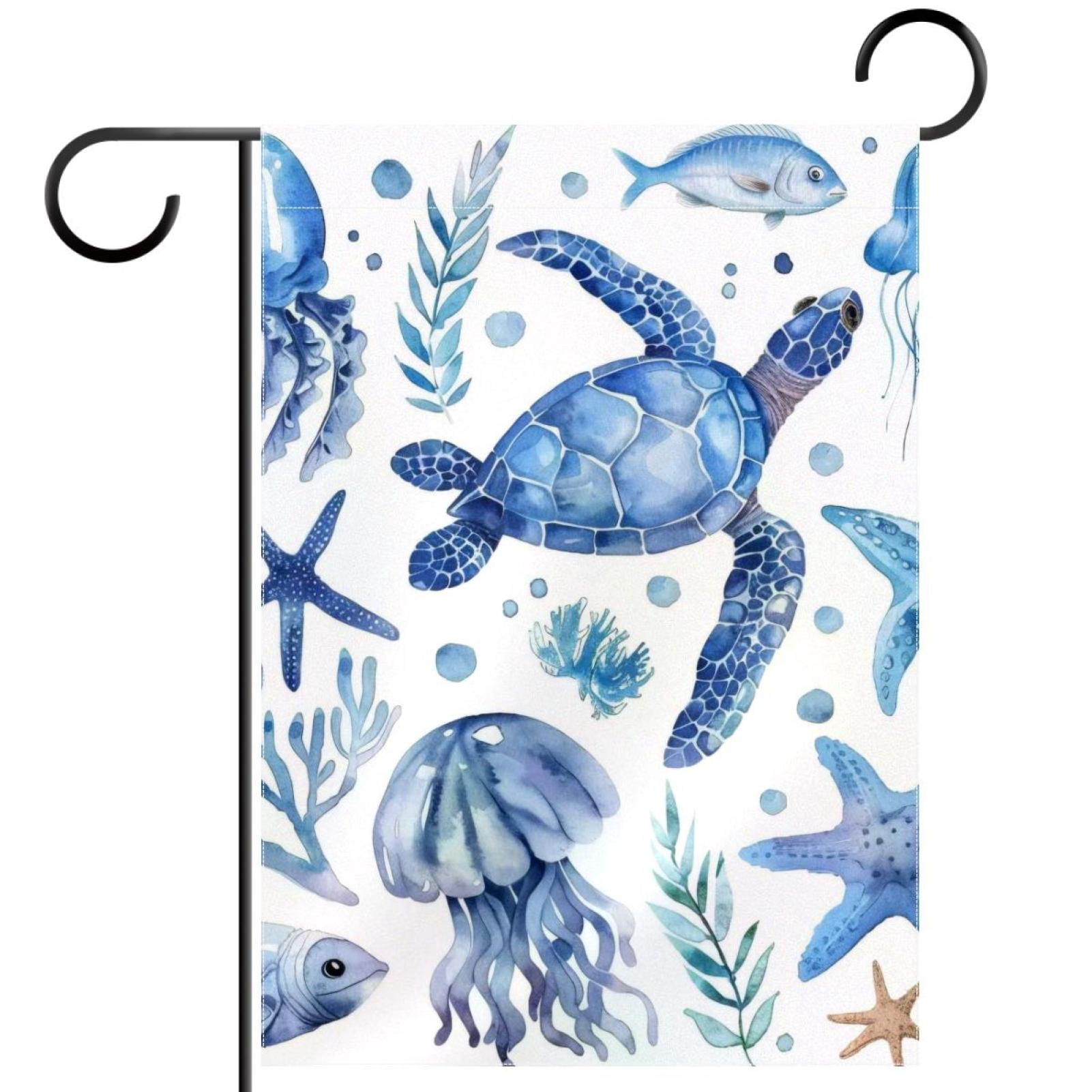 Watercolor Nautical Jellyfish Starfish Turtle Double Sided Garden Flag ...