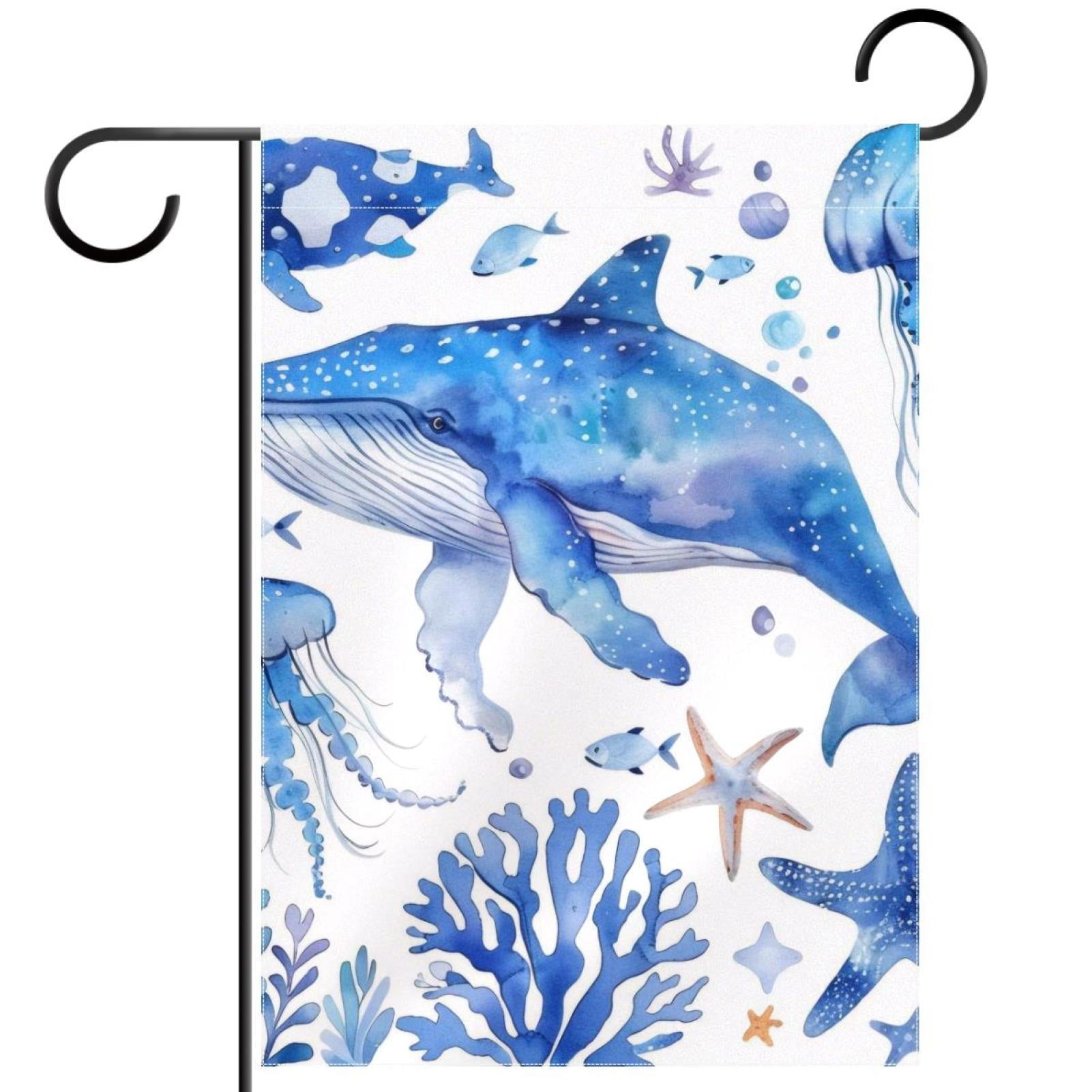 Watercolor Nautical Jellyfish Starfish Whale Welcome Garden Flags, 12 x ...