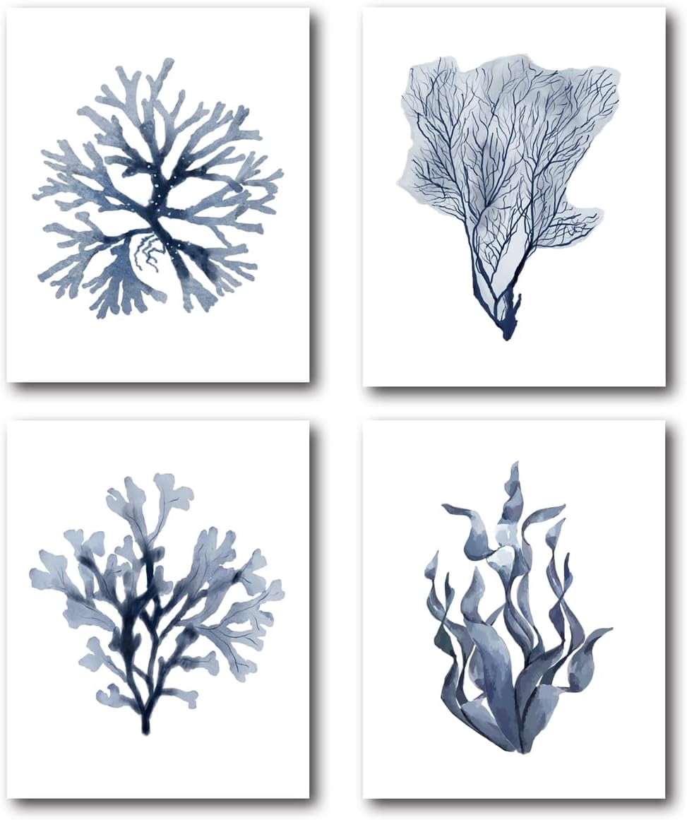 Watercolor Navy Blue Ocean Sea Fan Coral Seaweed Wall Art Prints,Ocean ...