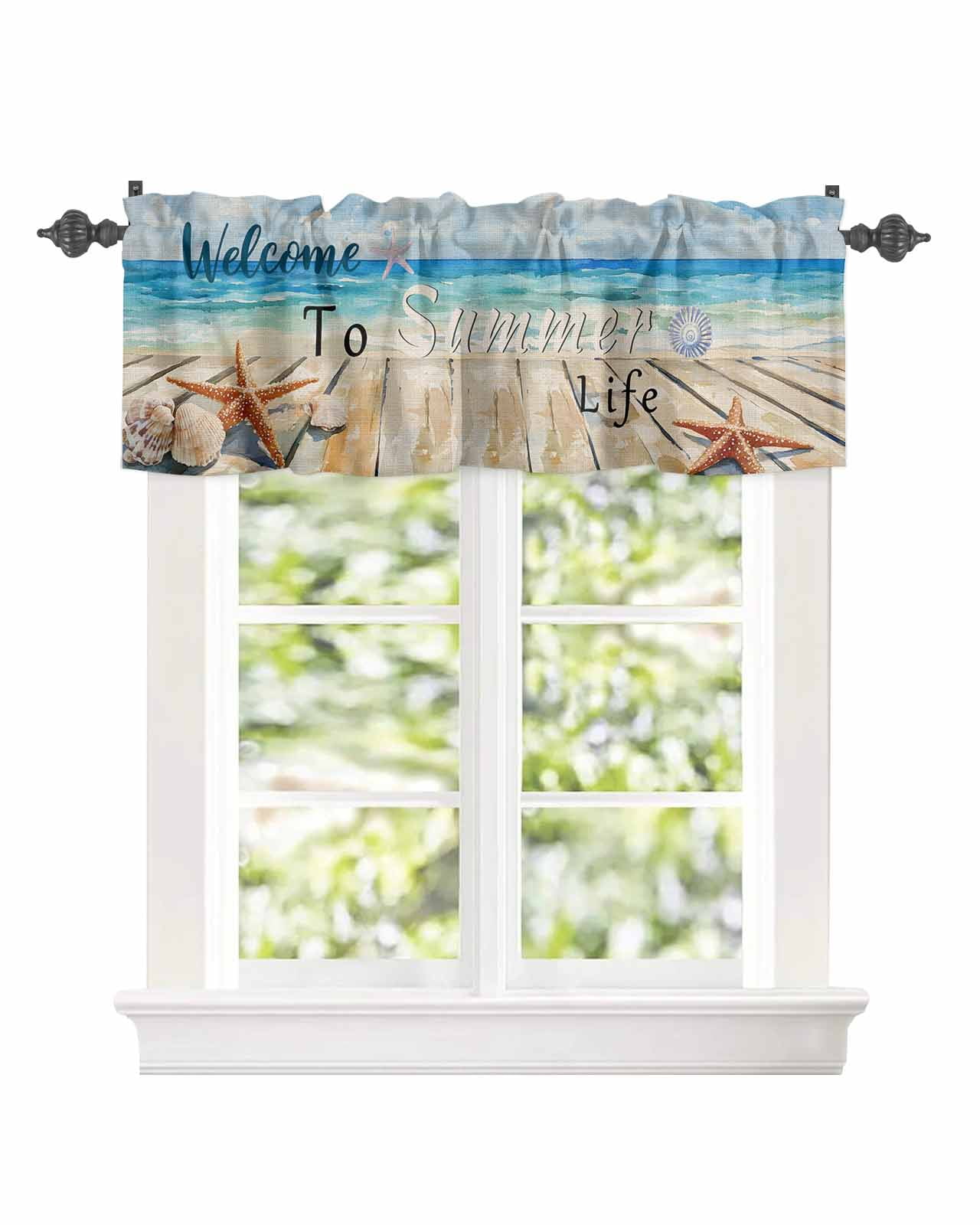 Watercolor Ocean Beach Starfish Shell Curtain Valances for Kitchen ...