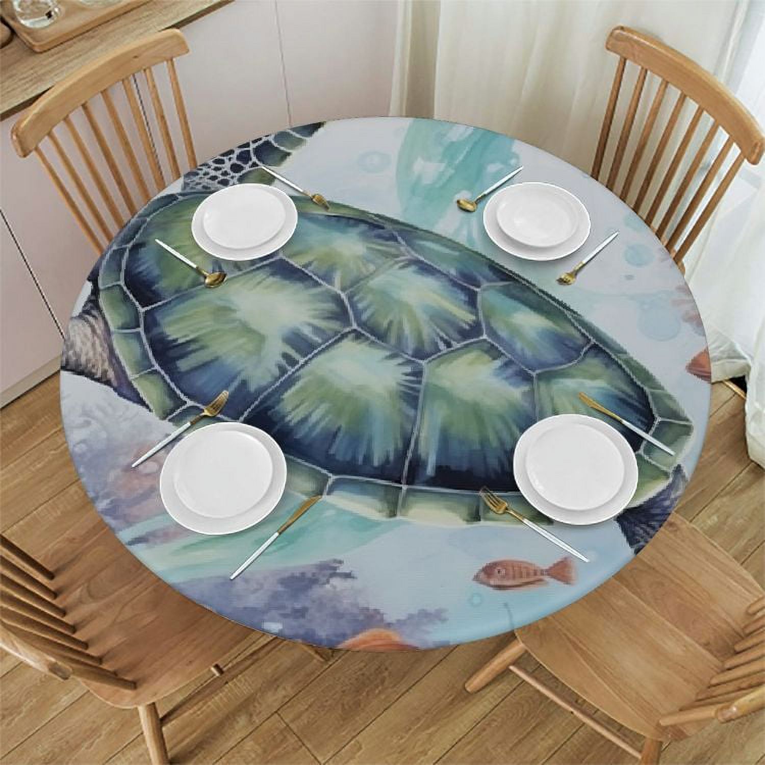 Watercolor Ocean Turtle Table Round Cover Elastic Edged Tablecloth ...
