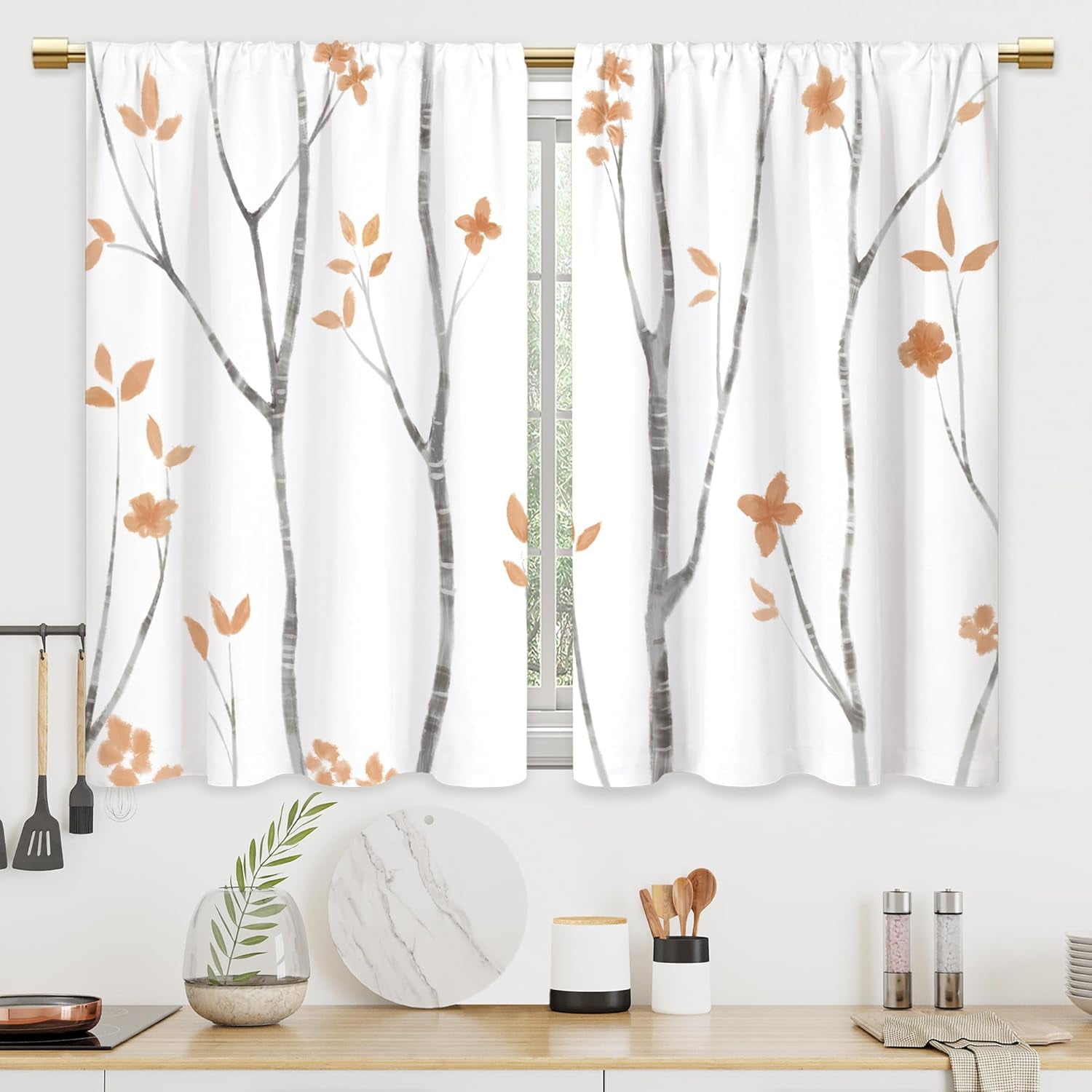 Watercolor Orange Boho Leaves Kitchen Curtains Tree Floral Bathroom ...