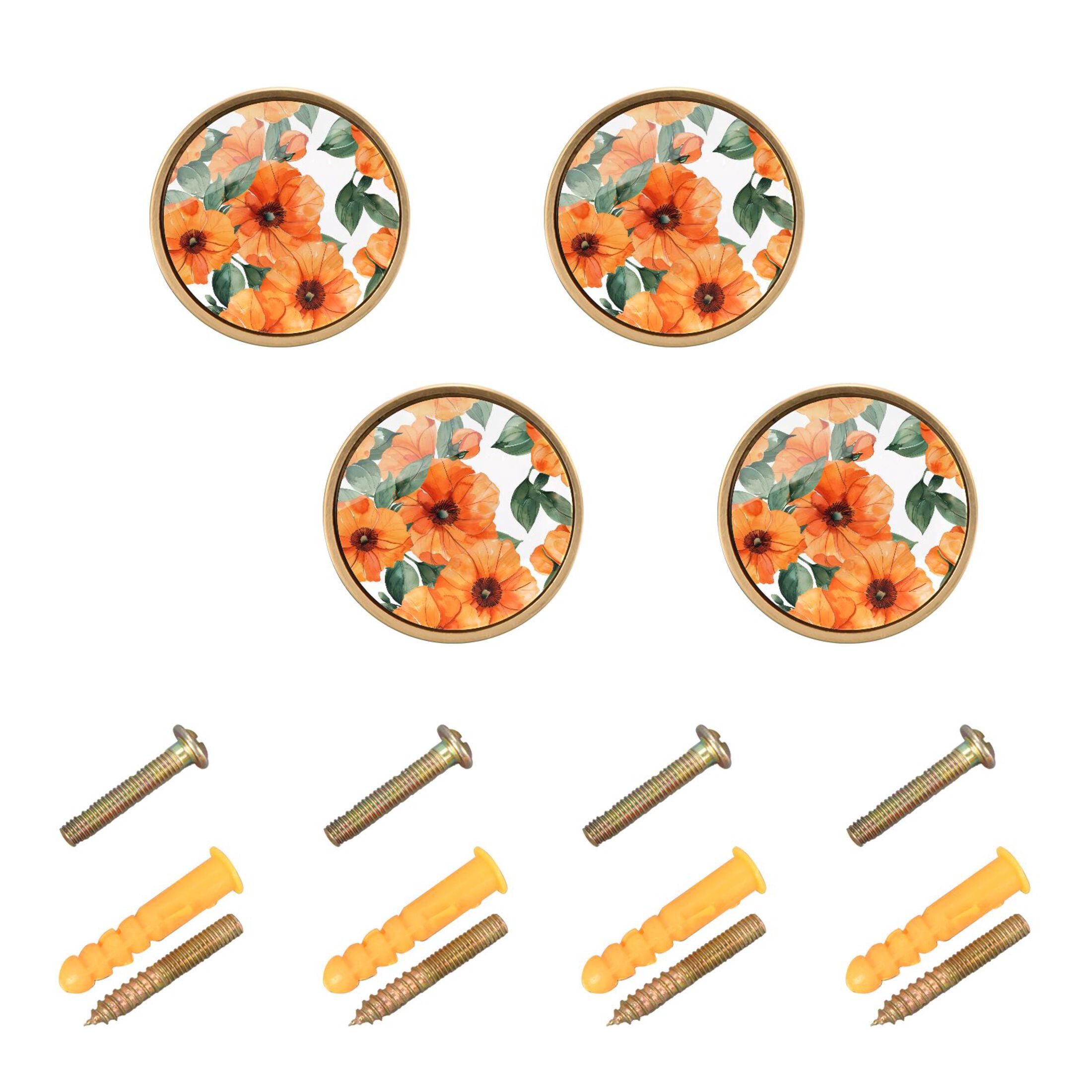 Watercolor Orange Flowers Cabinet Knobs Sets Kitchen Pulls Dresser ...