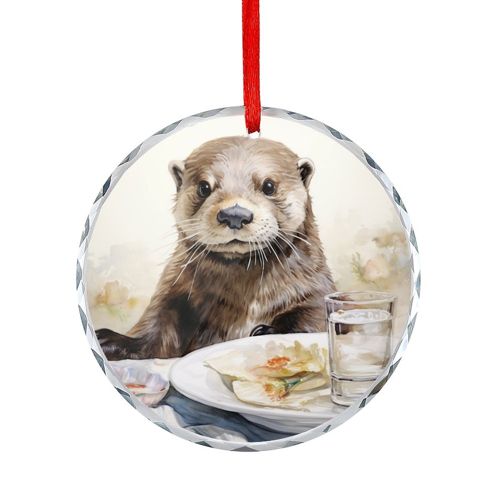 Watercolor Otter Animal Have Lunch Crystal Glass Ornament Holiday ...