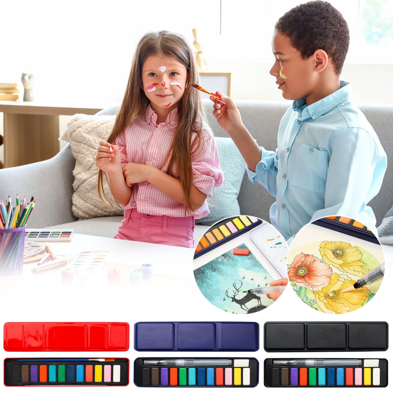 Watercolor Paint Set 12 Colors | Solid Pigment Powder | Portable Iron ...
