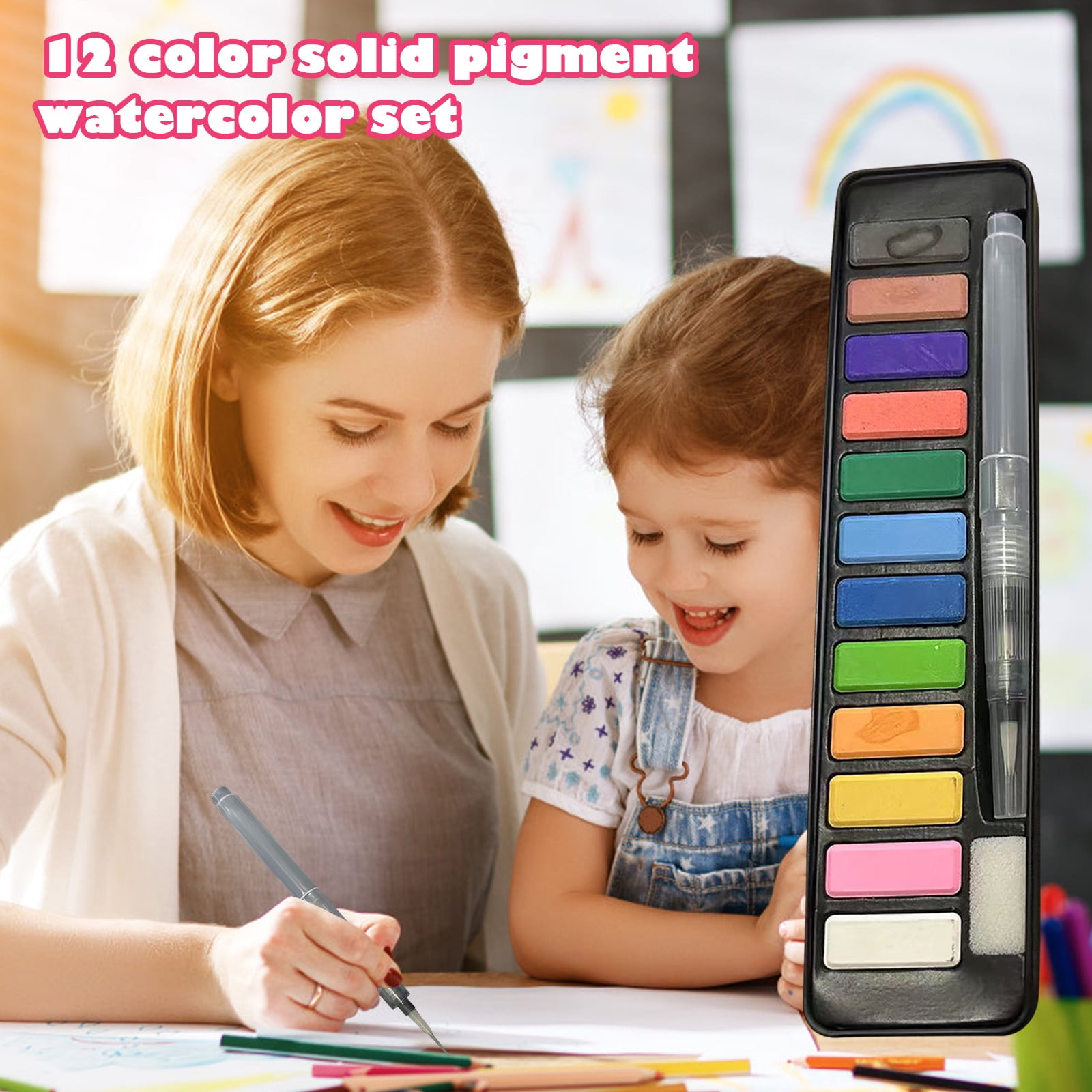 Watercolor Paint Set, 12 Vivid Colors in Box with Sponge and Watercolor ...