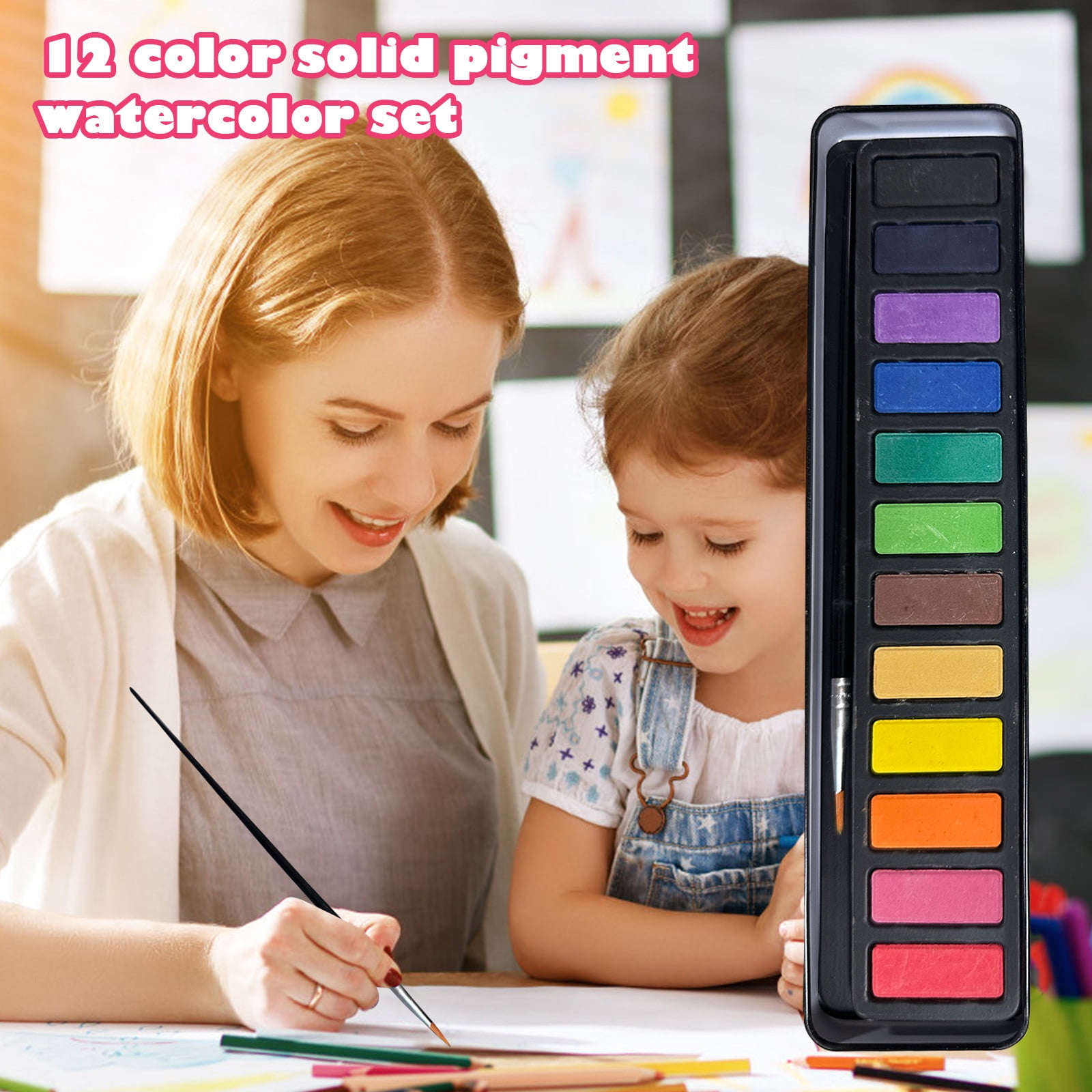 Watercolor Paint Set with 12 Vibrant Colors, Portable Palette, and ...