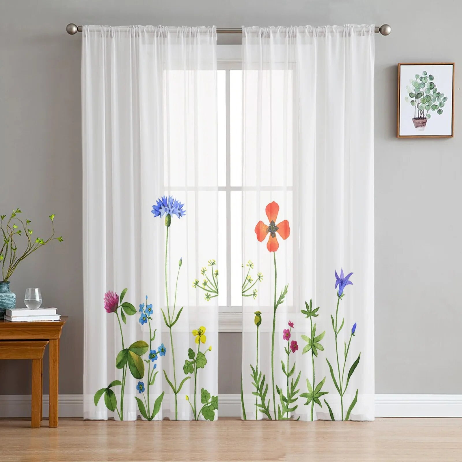 Watercolor Painting Flowers Leaves White Tulle Sheer Curtains for ...