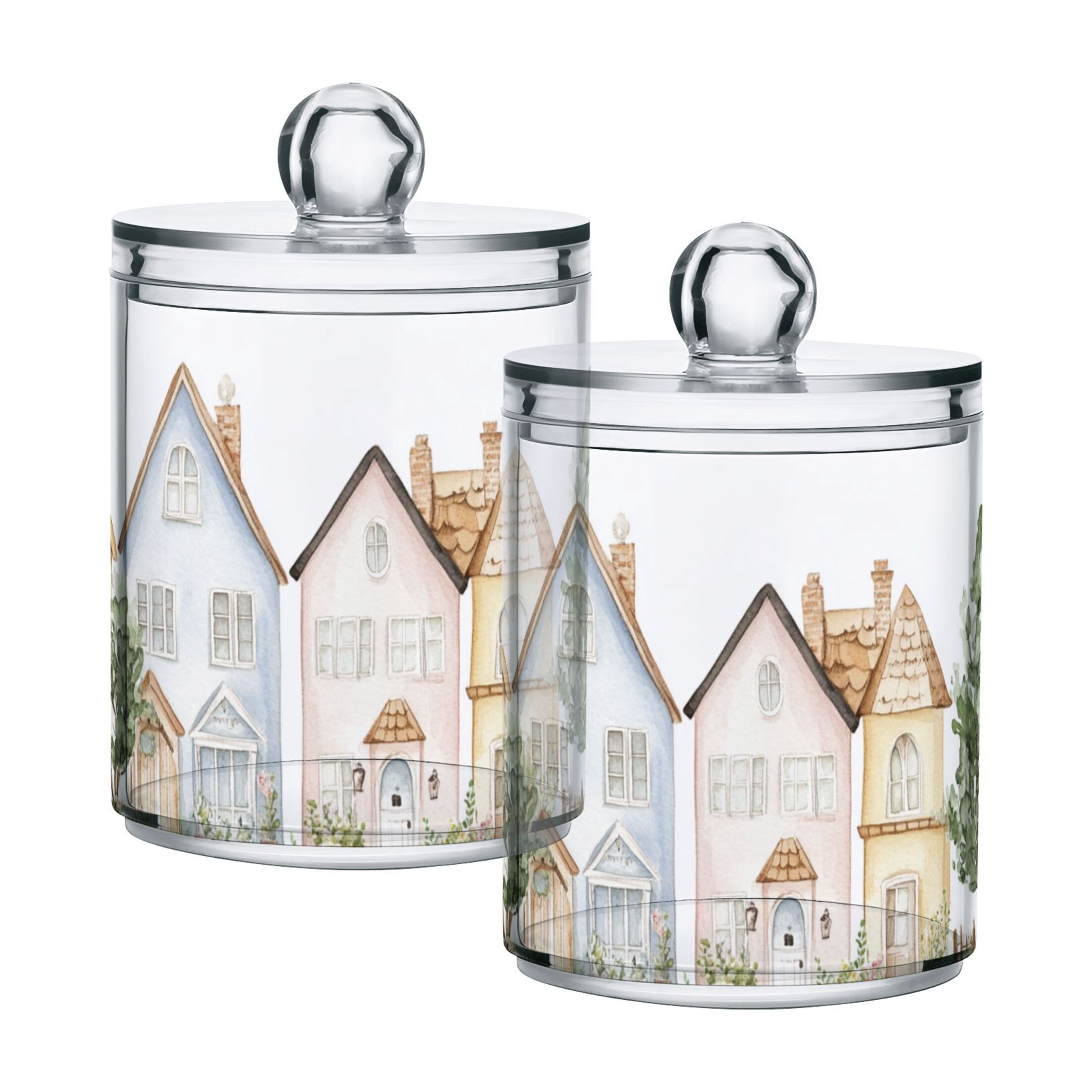 Watercolor Painting Houses Trees Spring Translucent Plastic Cans ...