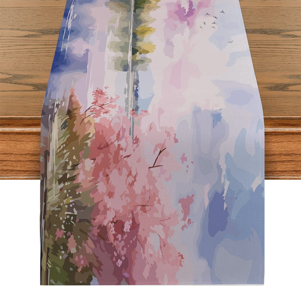 Watercolor Painting Lake Cherry Blossoms Table Runner Polyester Table ...