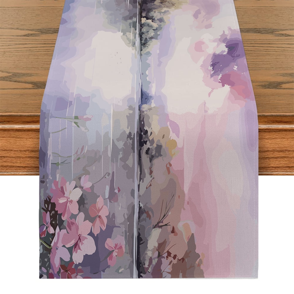 Watercolor Painting Lake Cherry Blossoms Table Runner Polyester Table Runners for Dining Room ...