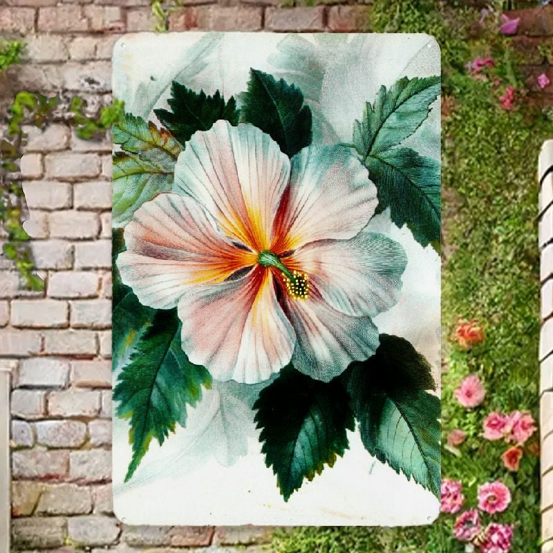 Watercolor Painting Of Pink Hibiscus With Green Leaves. Retro Metal Tin Sign Vintage Sign Rustic ...
