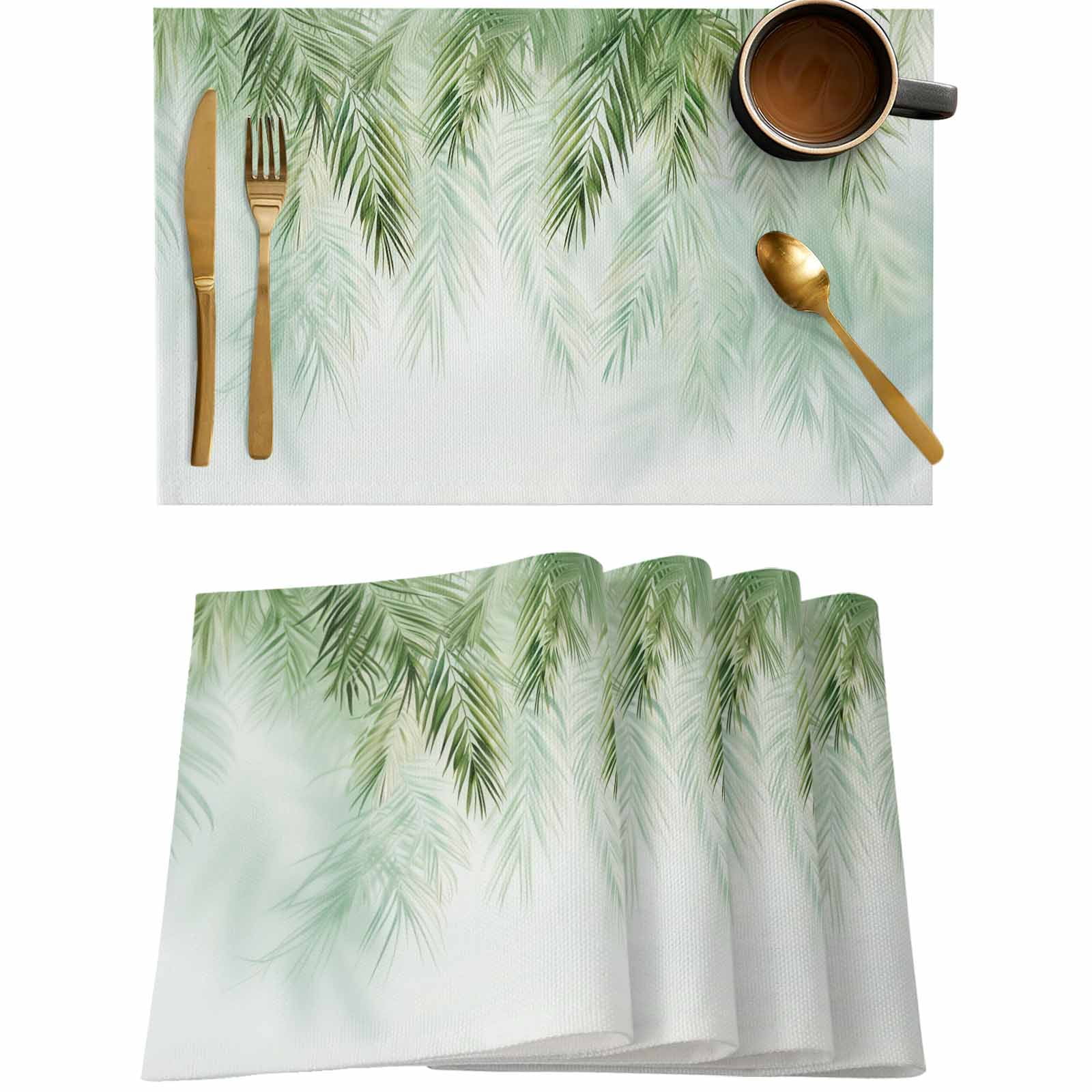 Watercolor Palm Leaves Green Gradient Placemats Set of 4,Wipeable Washable Table Mats for Dining ...