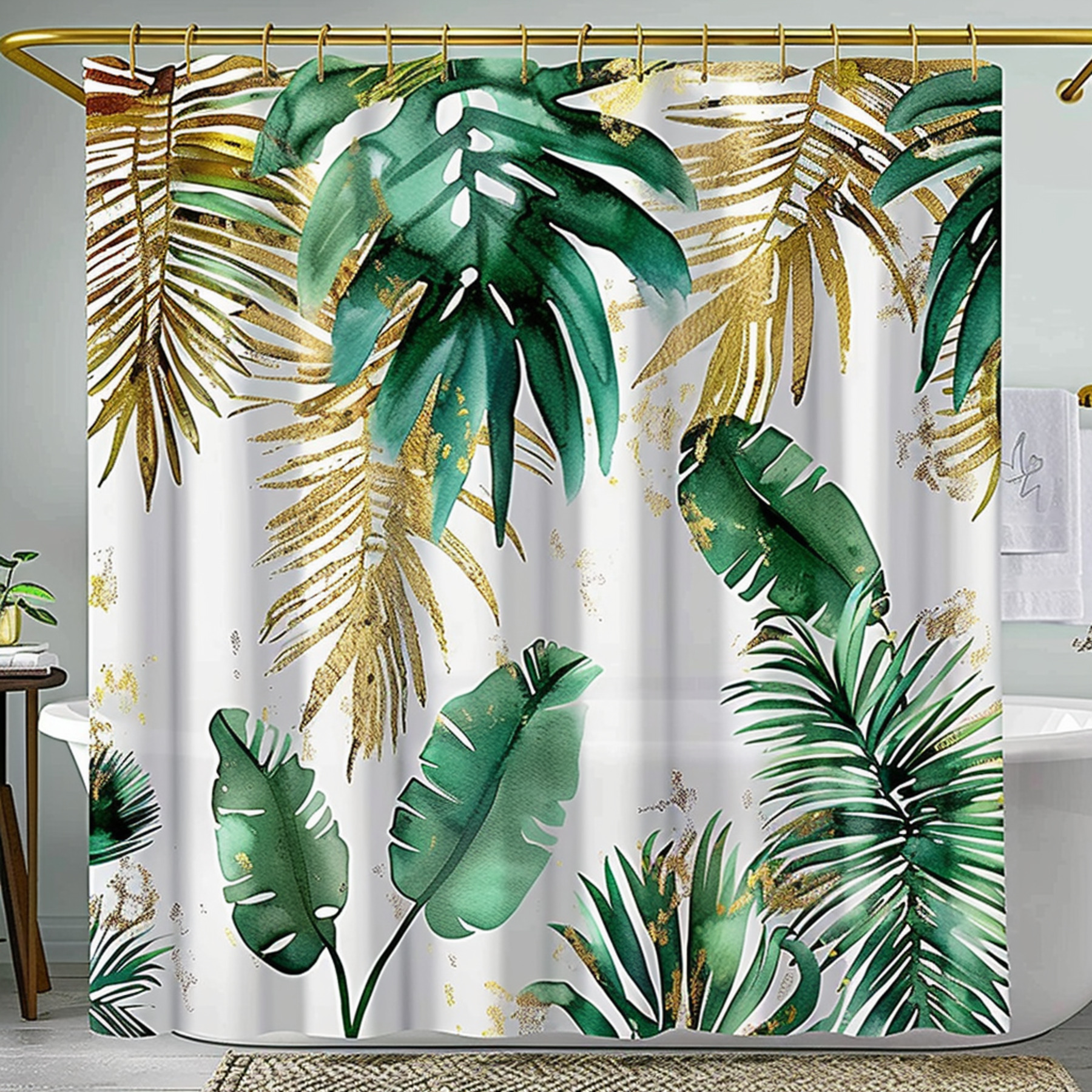 Watercolor Palm Tree Shower Curtain with Tropical Leaves White Green ...