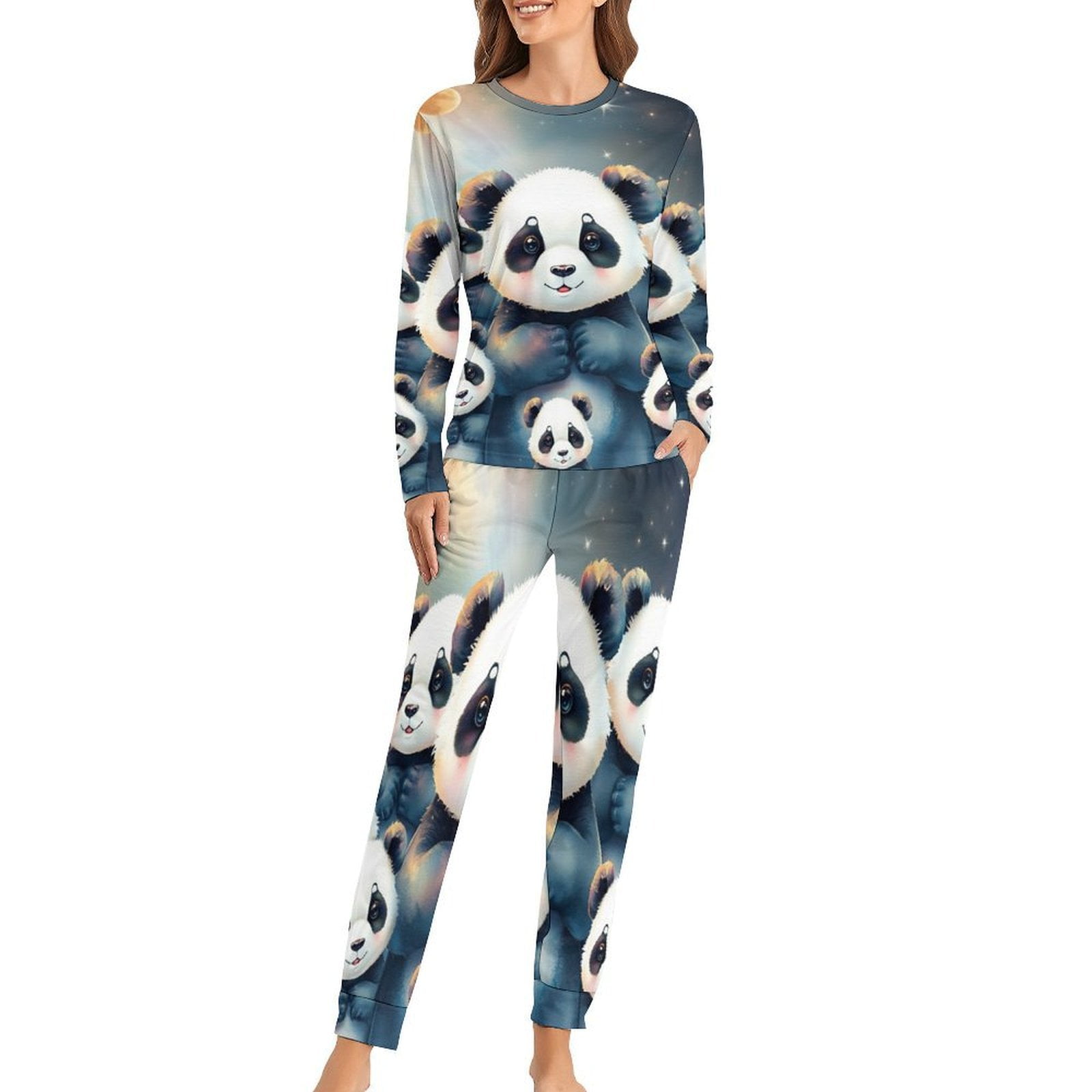 Watercolor Panda Pajamas 2 Pieces Pajama Sets Woman Long Sleeve Night ...