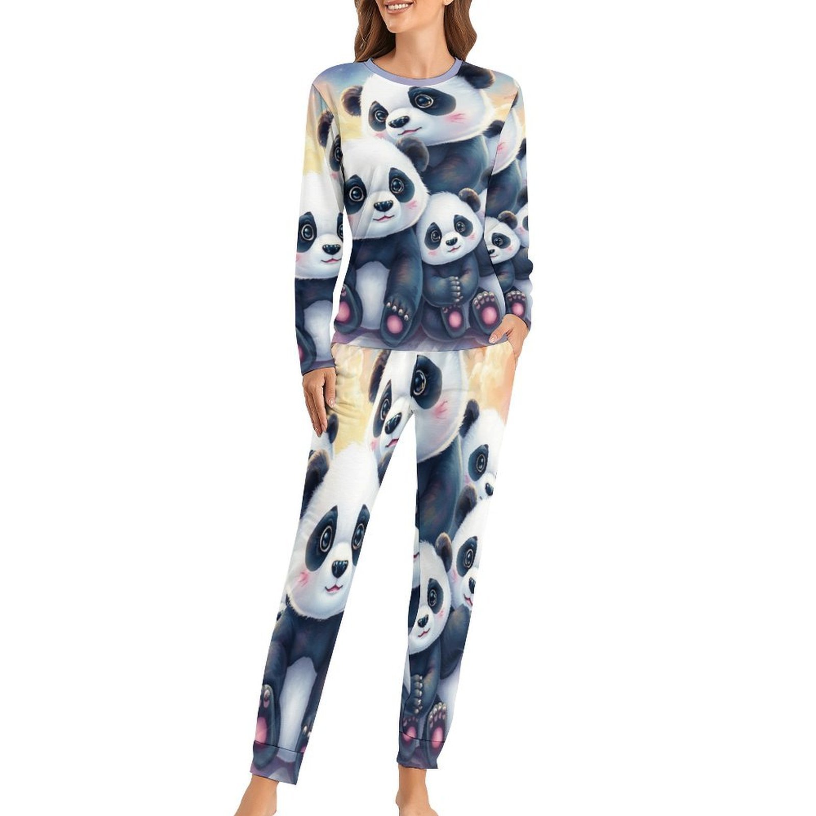 Watercolor Panda Pajamas 2 Pieces Pajama Sets Woman Long Sleeve Night ...
