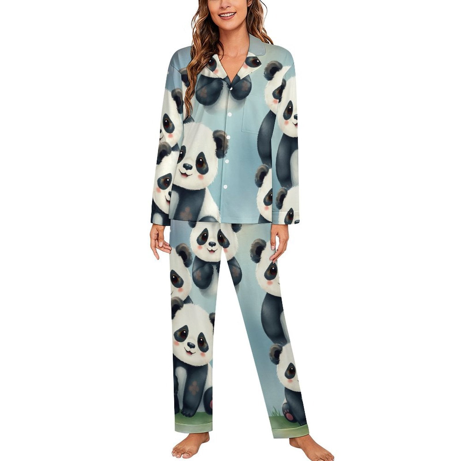 Watercolor Panda Pajamas Woman Home Suit Autumn Long Sleeve 2 Piece ...