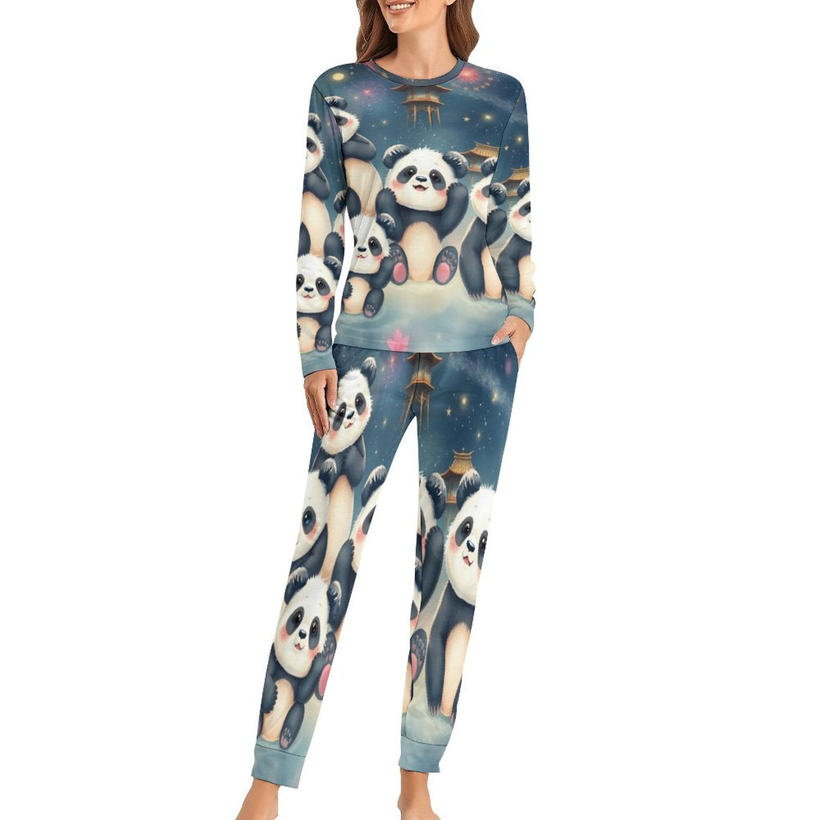 Watercolor Panda Pajamas Woman Long Sleeves Cute Pajama Sets Two Piece ...