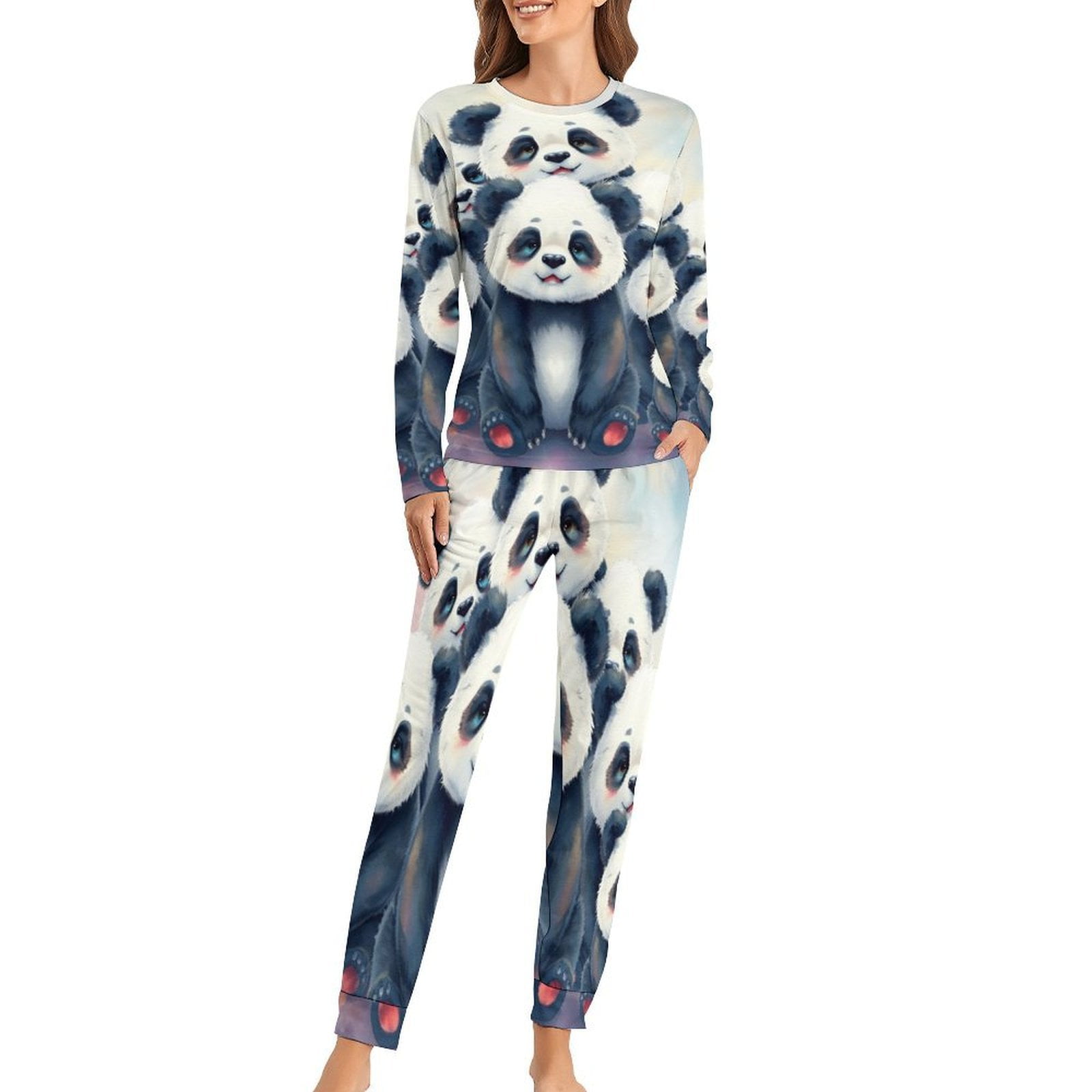 Watercolor Panda Pajamas Woman Long Sleeves Cute Pajama Sets Two Piece ...