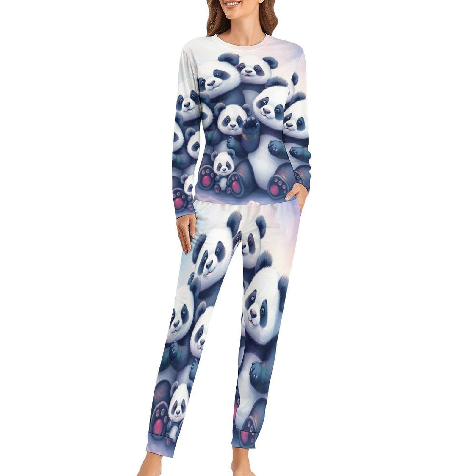 Watercolor Panda Pajamas Woman Two Piece Design Long Sleeves Oversize ...