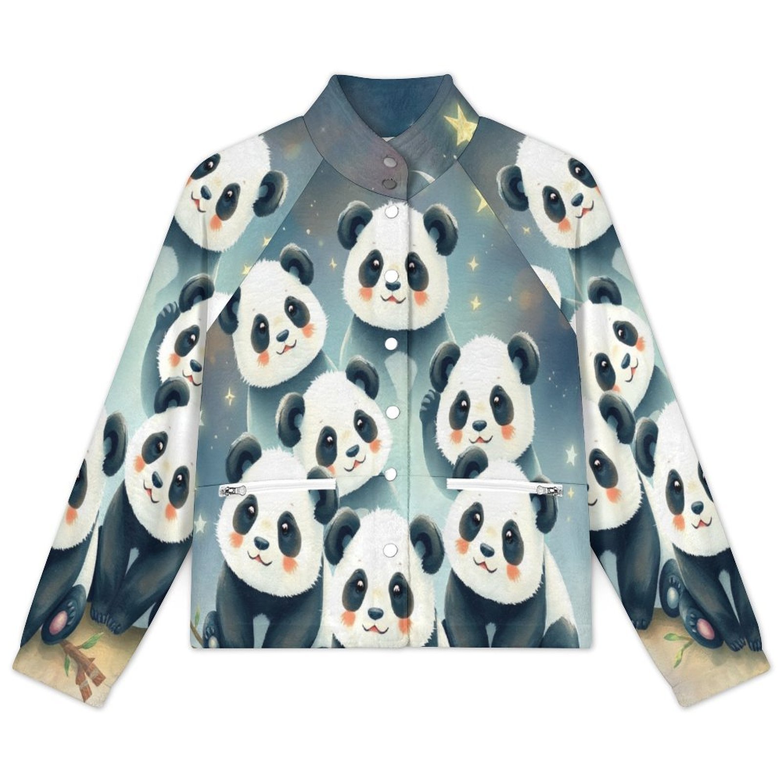 Watercolor Panda Warm Women's Plush Jacket Stand Collar Full Sleeve ...