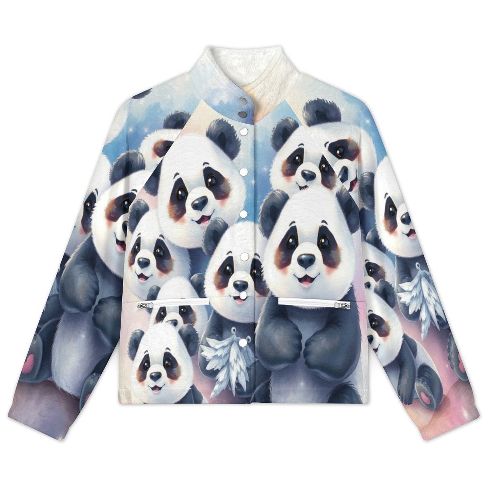 Watercolor Panda Warm Women's Plush Jacket Stand Collar Full Sleeve ...
