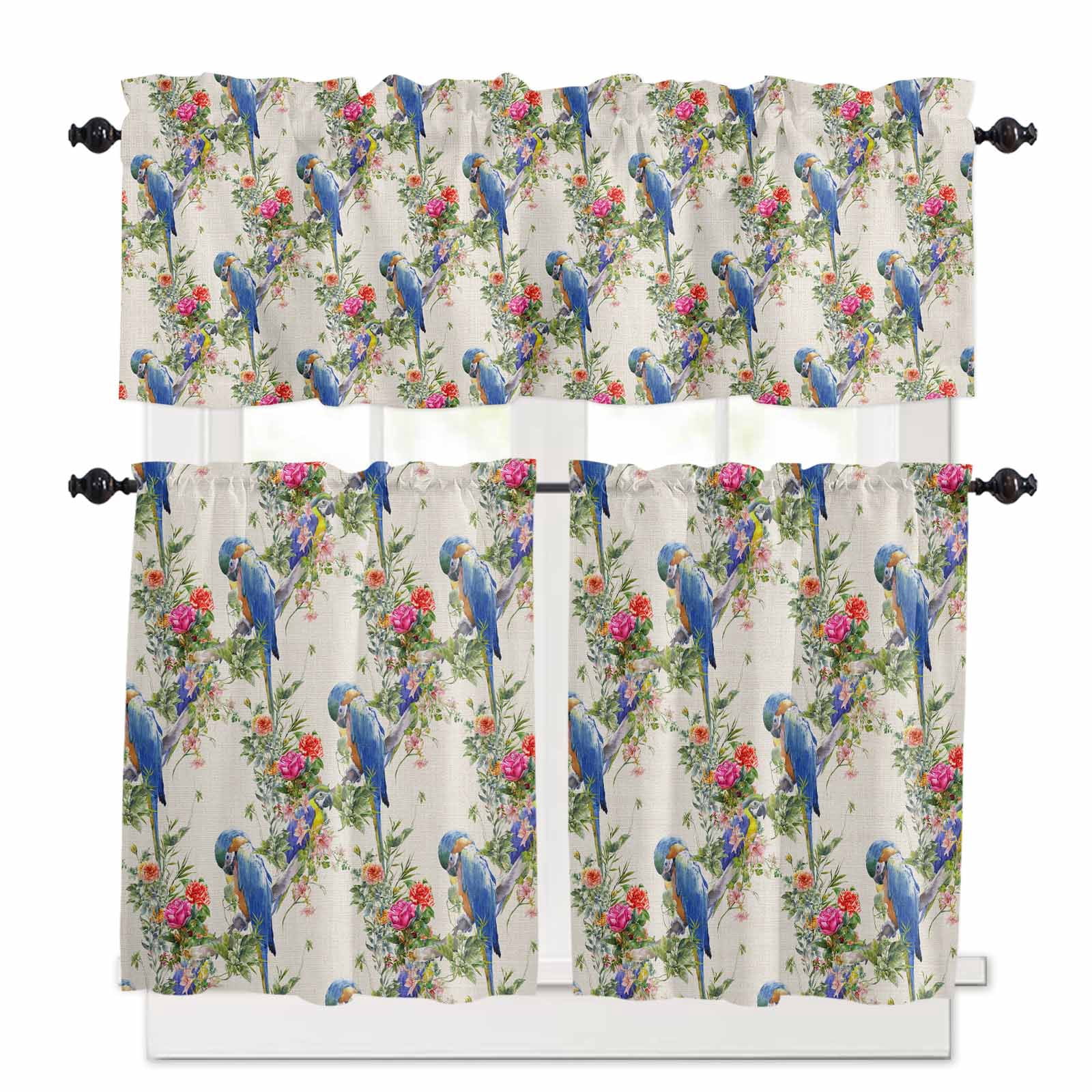 Watercolor Parrot Floral Kitchen Curtains and Valances Set, Rod Pocket ...