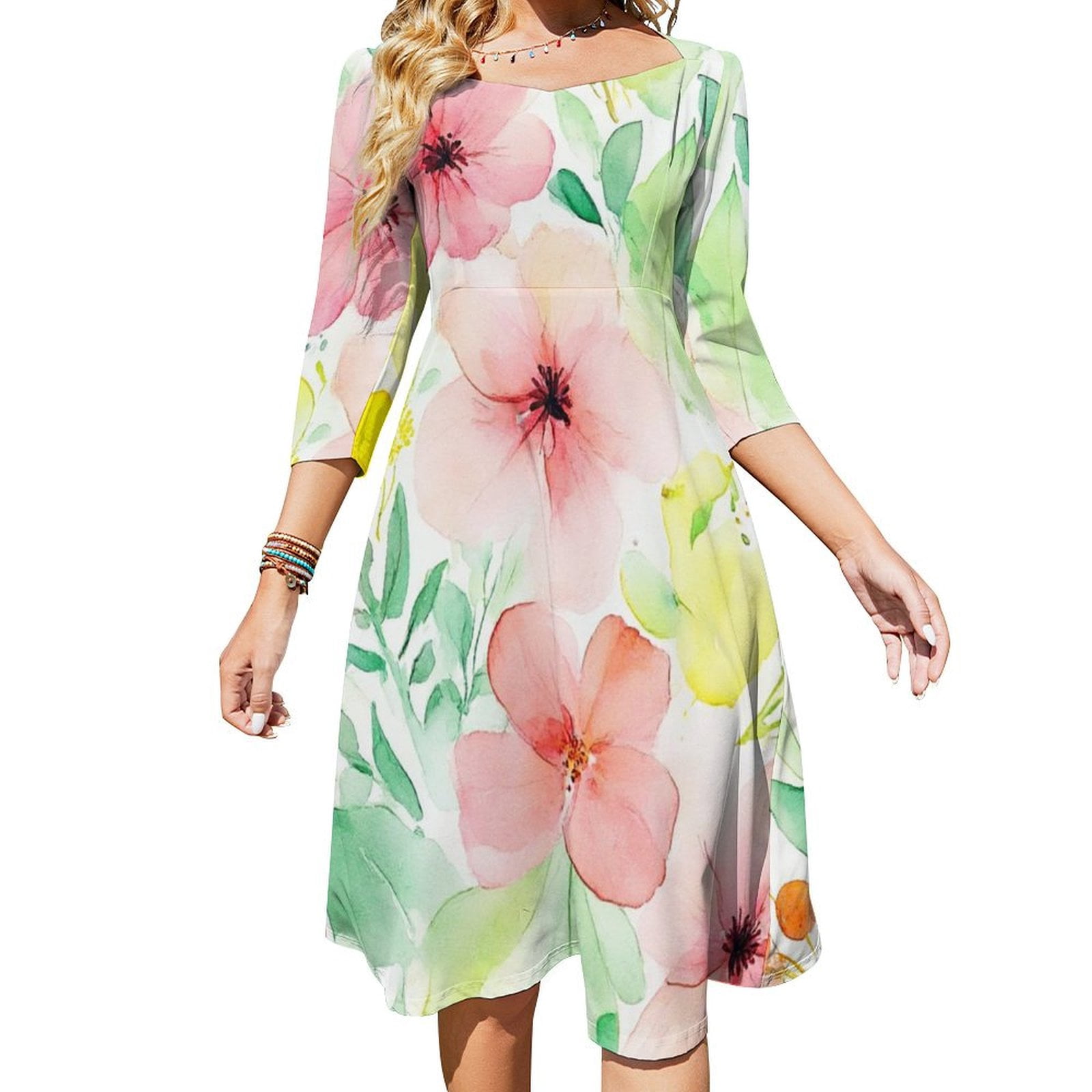 Watercolor Pastel Floral Art Print Flare Dress Square Neck Dress ...